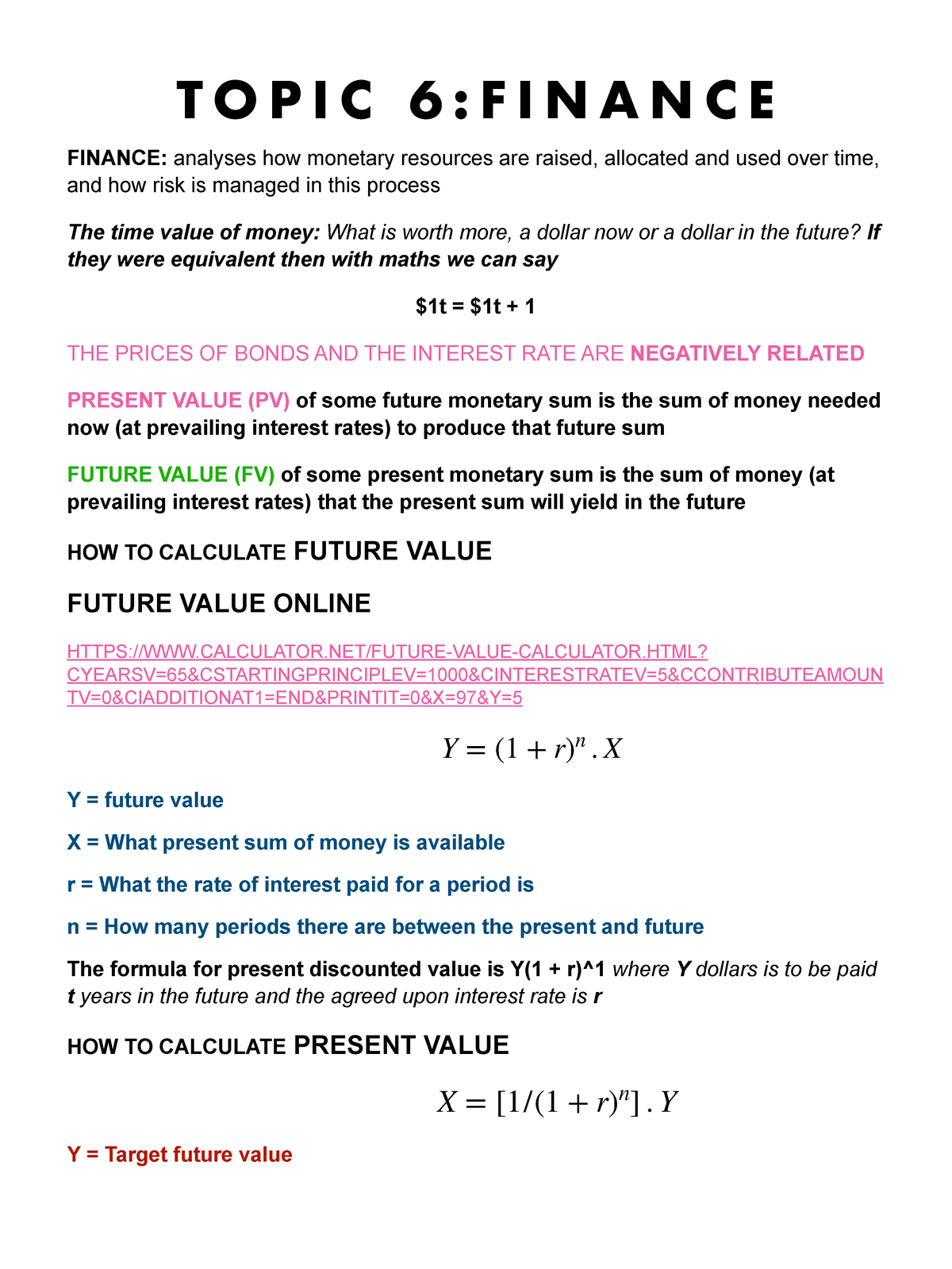 ECON130 Cheat Sheet for Test 2 (Weeks 7-12) - T O P I C 6 : F I N A N C ...