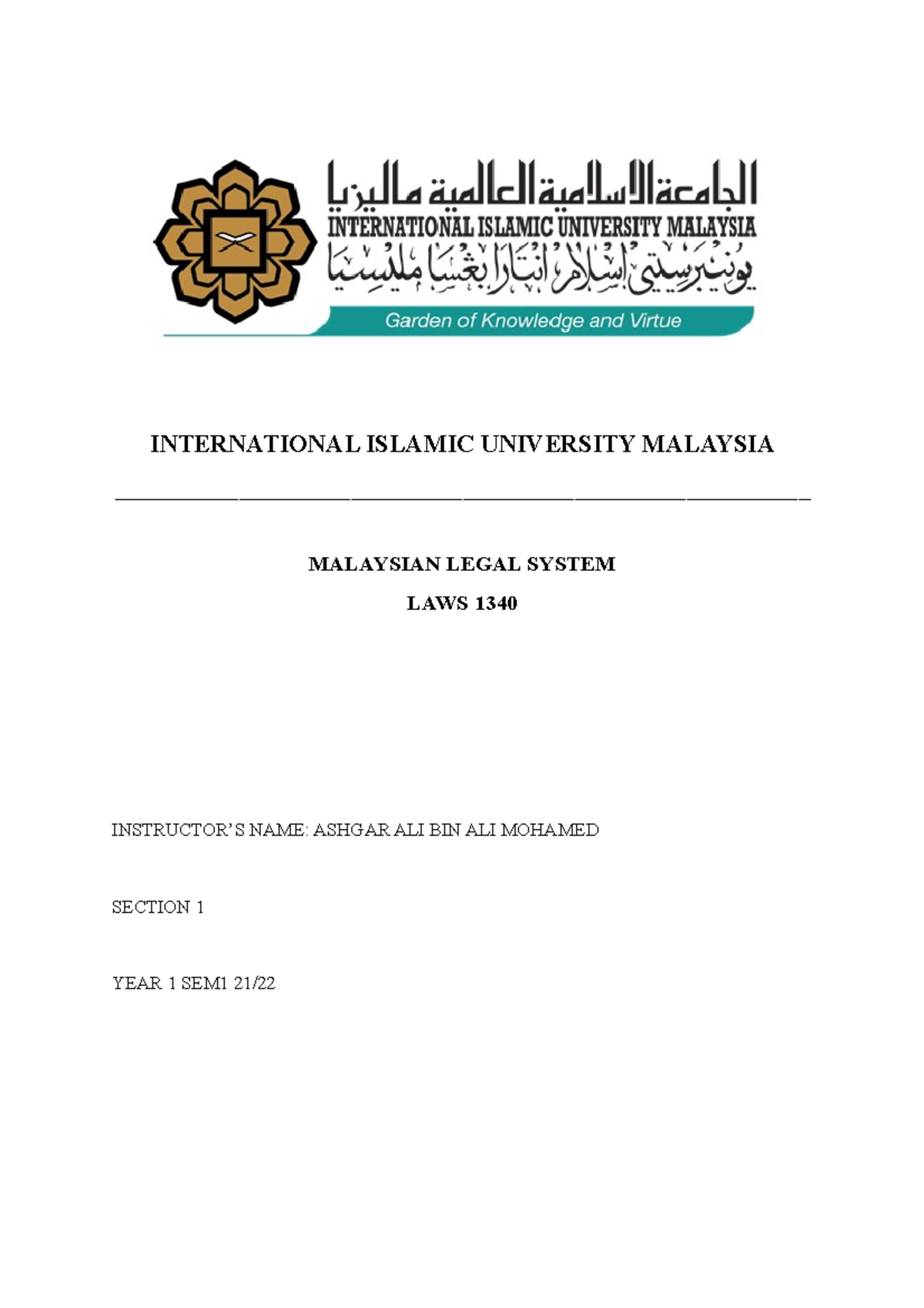 LAWS 1340 Written Assingment - INTERNATIONAL ISLAMIC UNIVERSITY ...