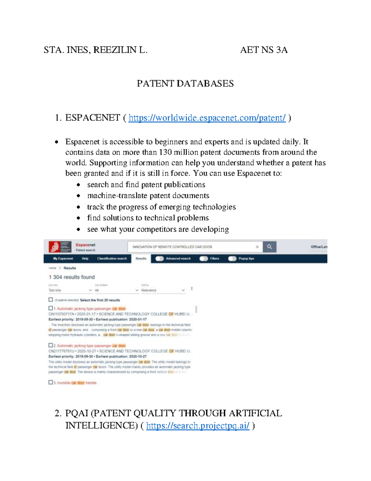 Patent Databases STA. INES - STA. INES, REEZILIN L. AET NS 3A PATENT DATABASES 1. ESPACENET ...