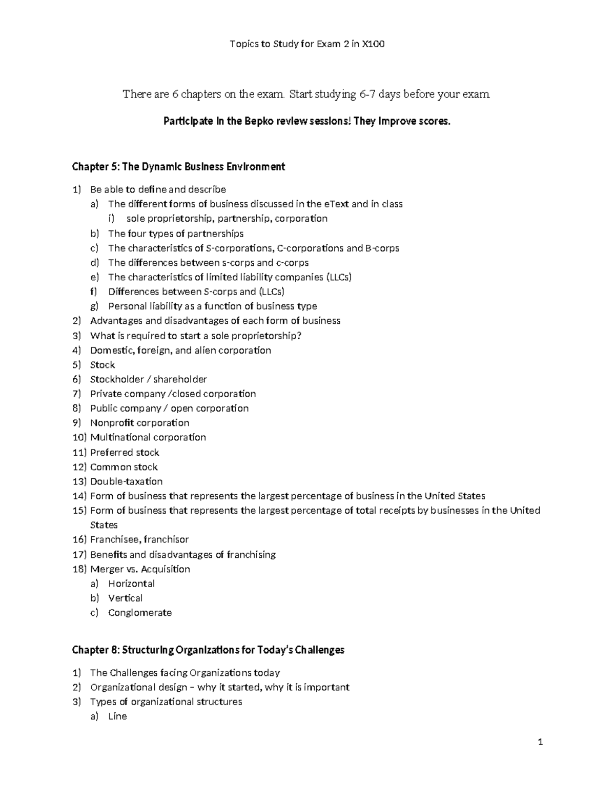 Study Topics for Exam 2 in X100 - There are 6 chapters on the exam ...