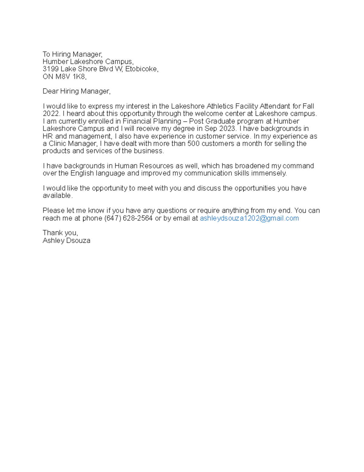 Cover Letter 2 - THTR 150 - Humber College - Studocu