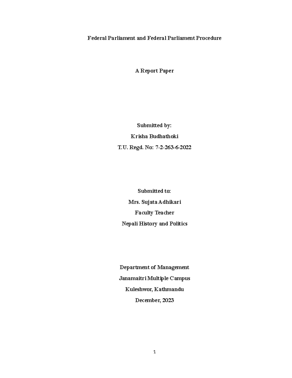 Federal legislature - seminar report - Federal Parliament and Federal ...