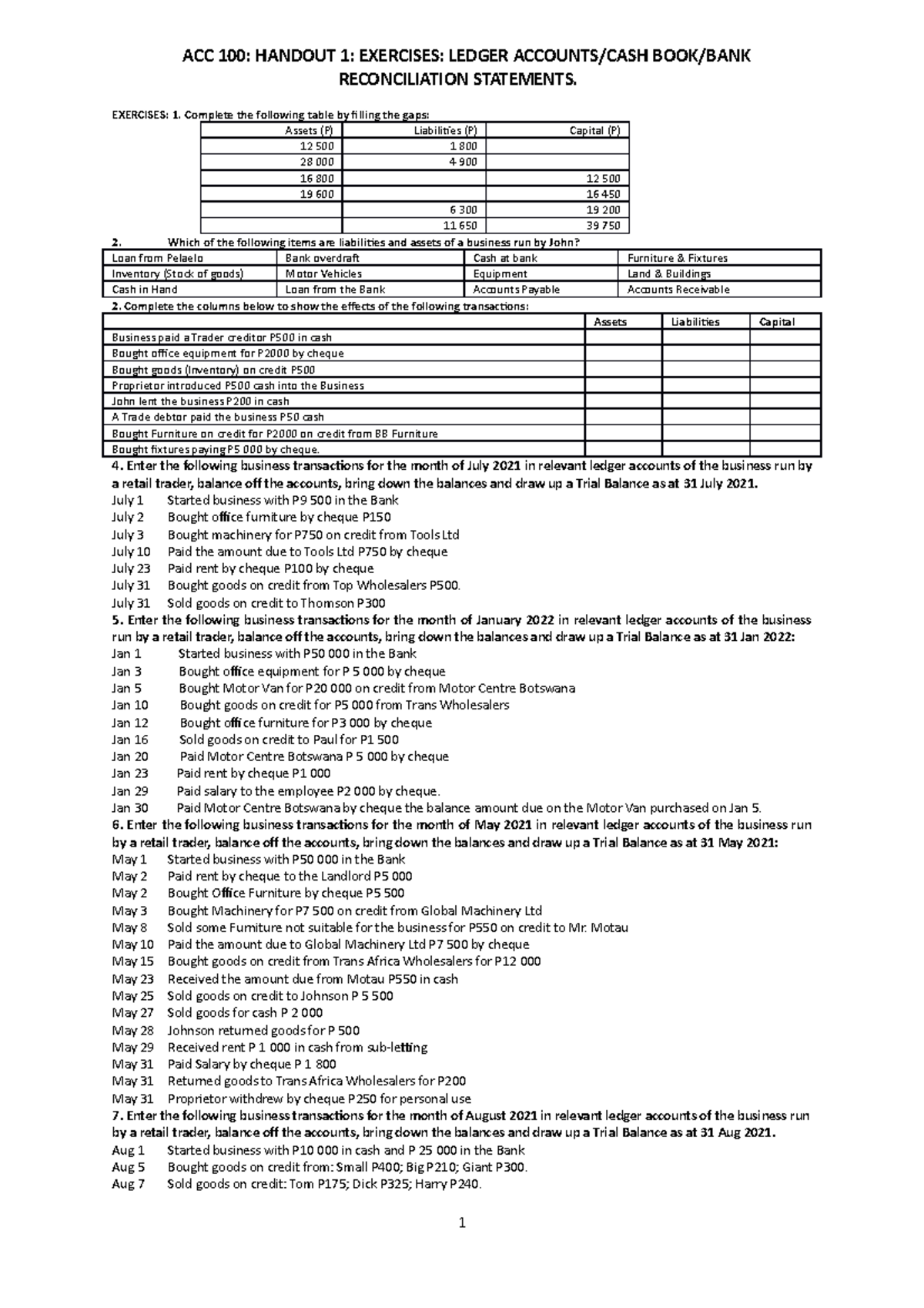 ACC 100 Handout ON Exercises- Ledger-CASH BOOK- BRS - ACC 100: HANDOUT ...