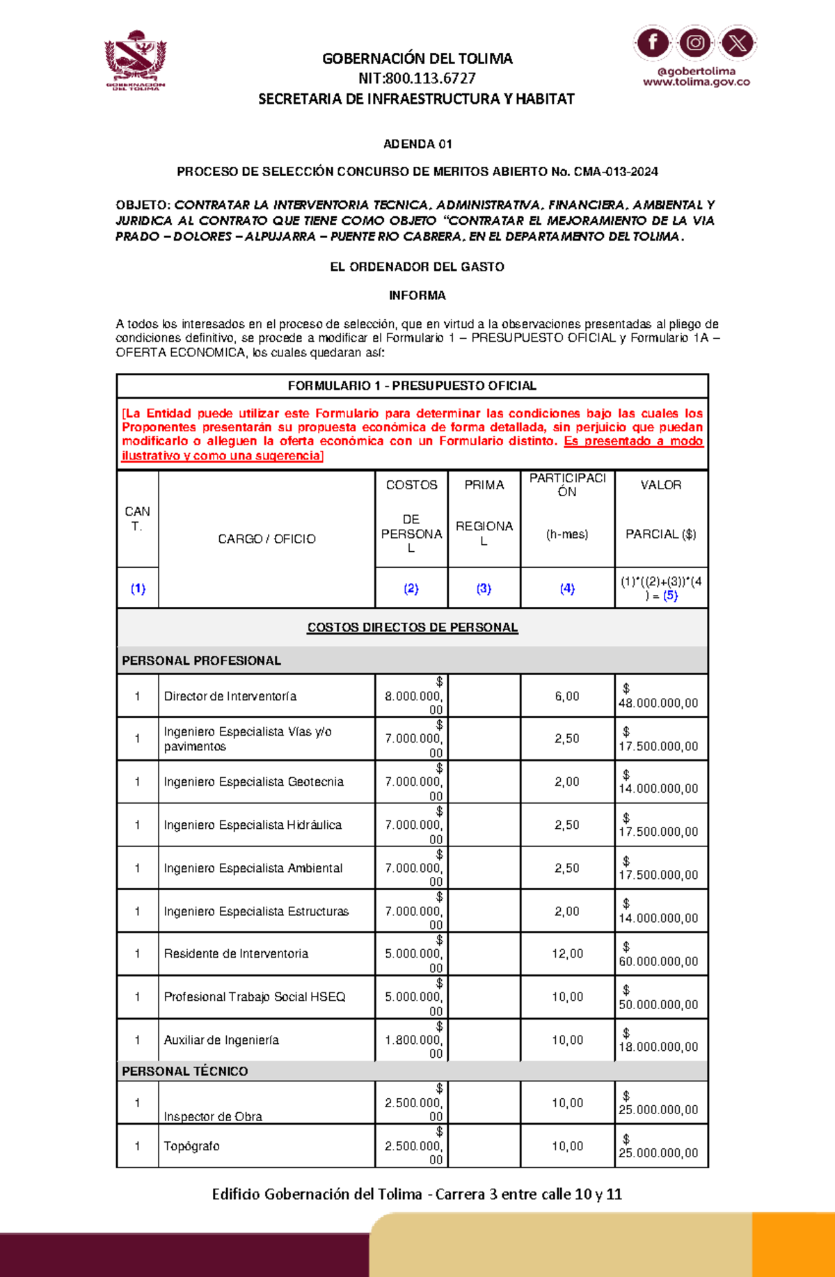 Adenda 01 - CMA-013 - NIT:800. SECRETARIA DE INFRAESTRUCTURA Y HABITAT ...