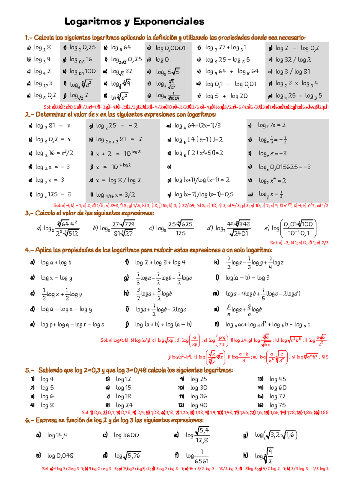 Logaritmos - guia de trabajo - 1.- Calcula los siguientes logaritmos ...