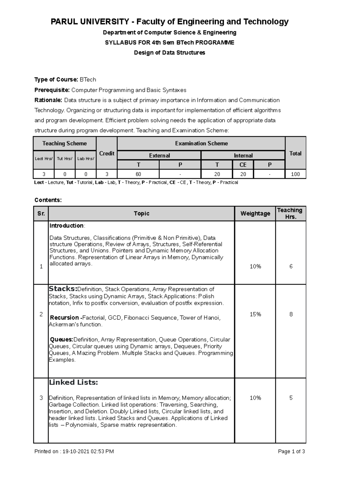 Data Structure Sem -3 - Syllabus - PARUL UNIVERSITY - Faculty of ...