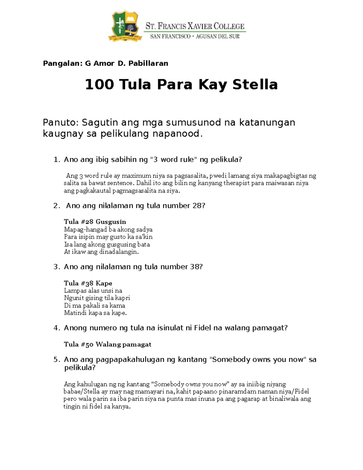100 Tula Para Kay Stella - Pangalan: G Amor D. Pabillaran 100 Tula Para Kay Stella Panuto ...