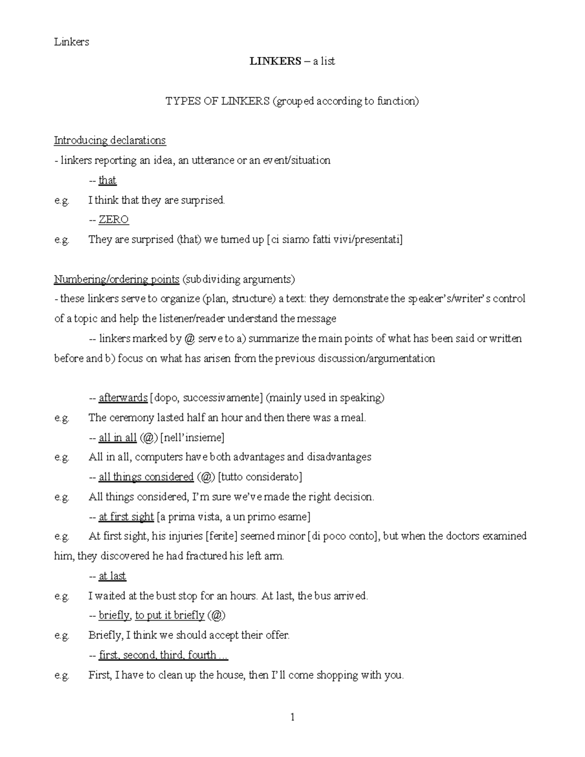 Lista Linkers utili - LINKERS – a list TYPES OF LINKERS (grouped ...