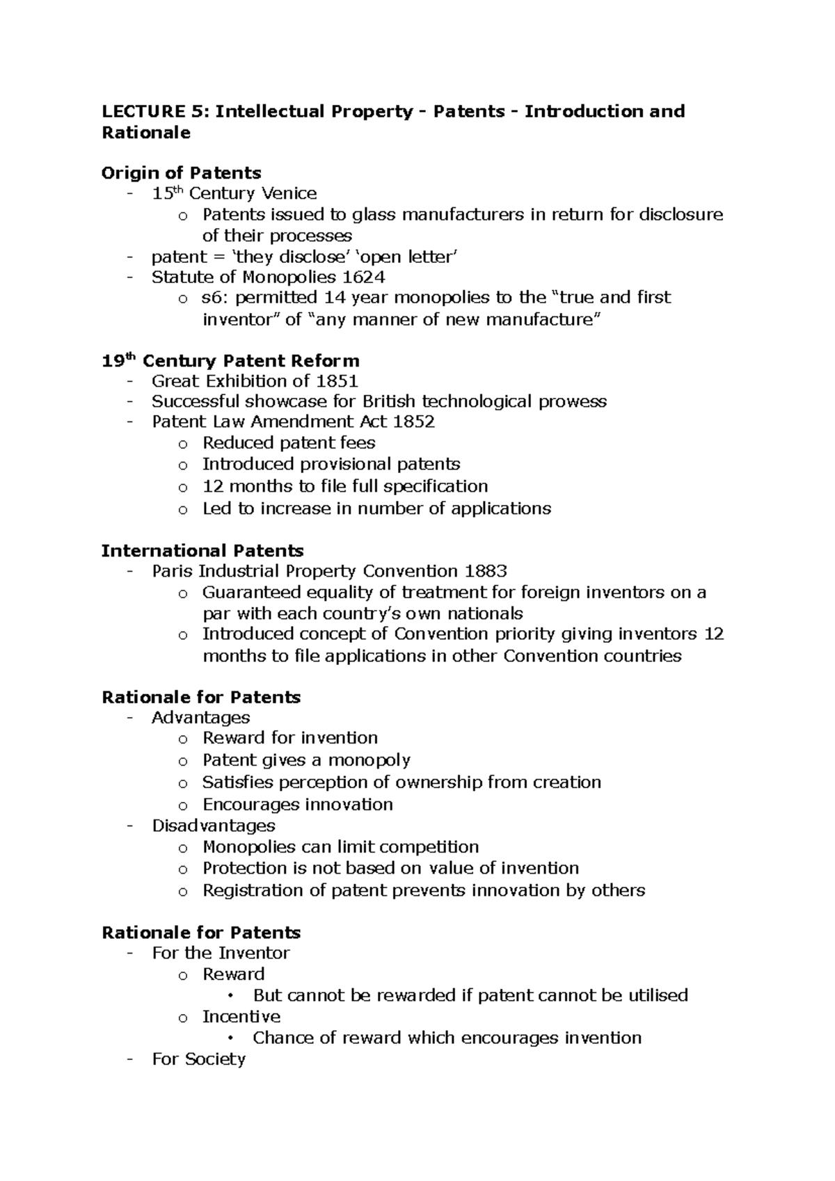 Lecture 5 - LECTURE 5: Intellectual Property - Patents - Introduction and Rationale Origin of ...