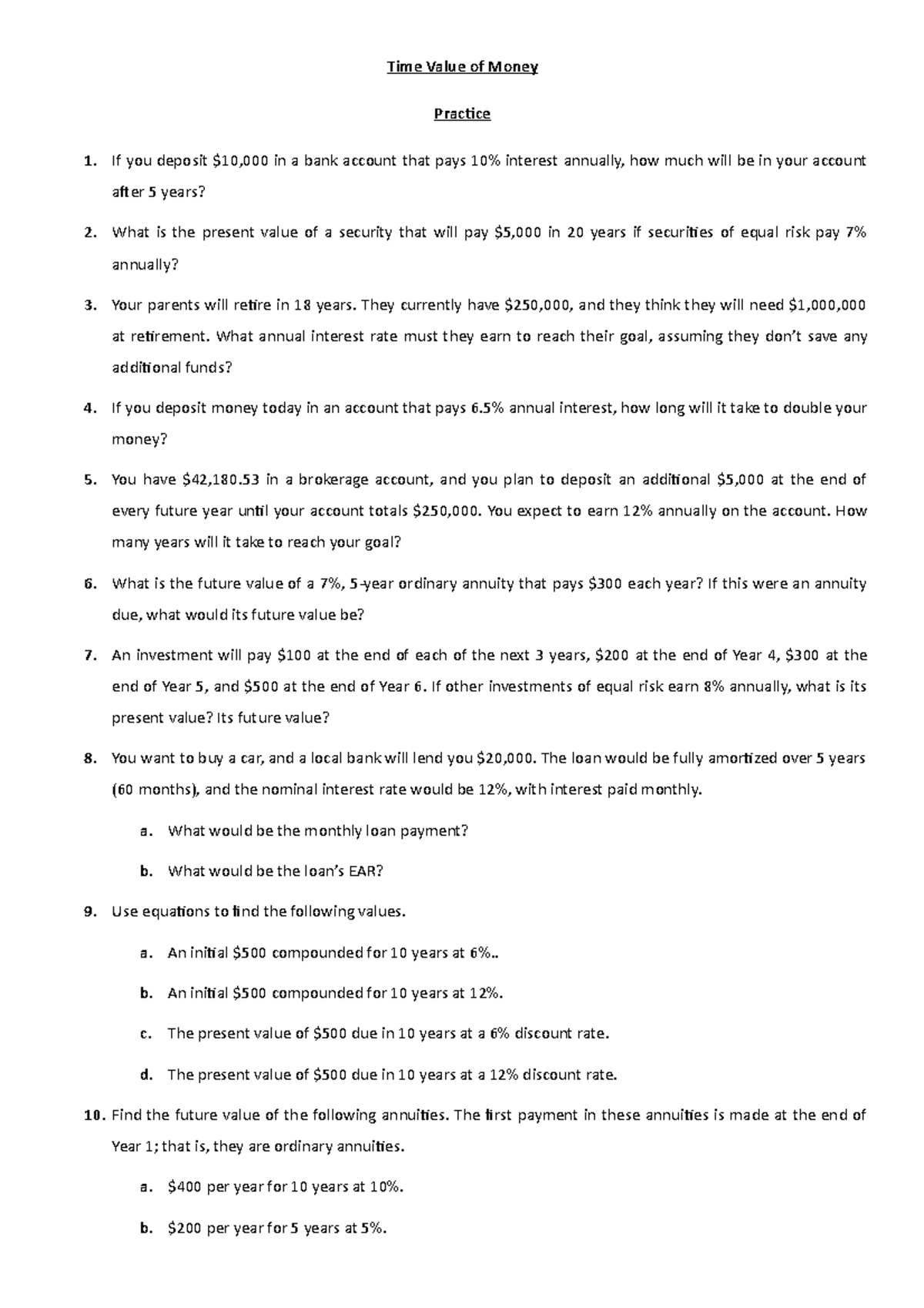Time Value of Money - Class Practice - Time Value of Money Practice If ...