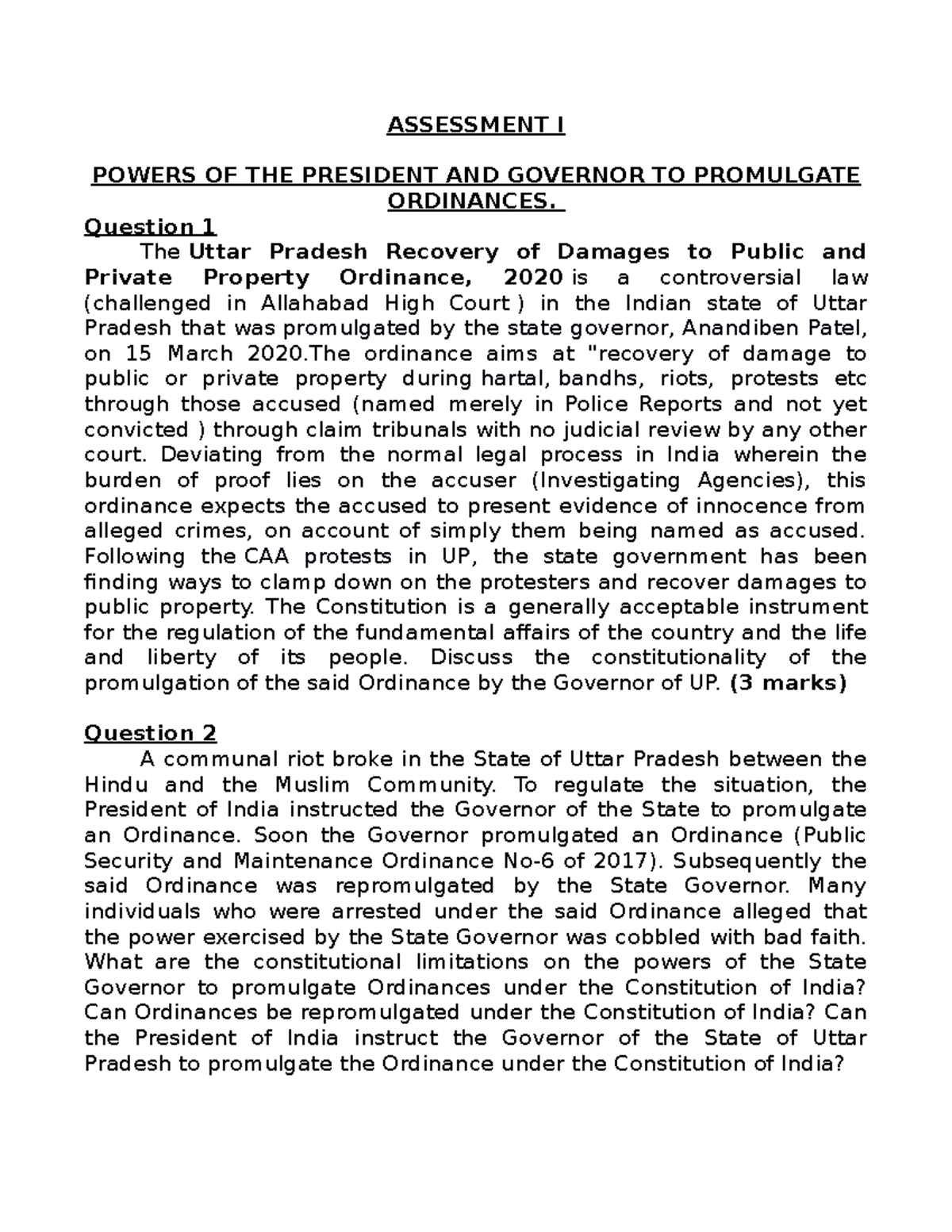 Assessment ON Ordinances I ASSESSMENT I POWERS OF THE PRESIDENT AND assessment-on-ordinances-i-assessment-i-powers-of-the-president-and