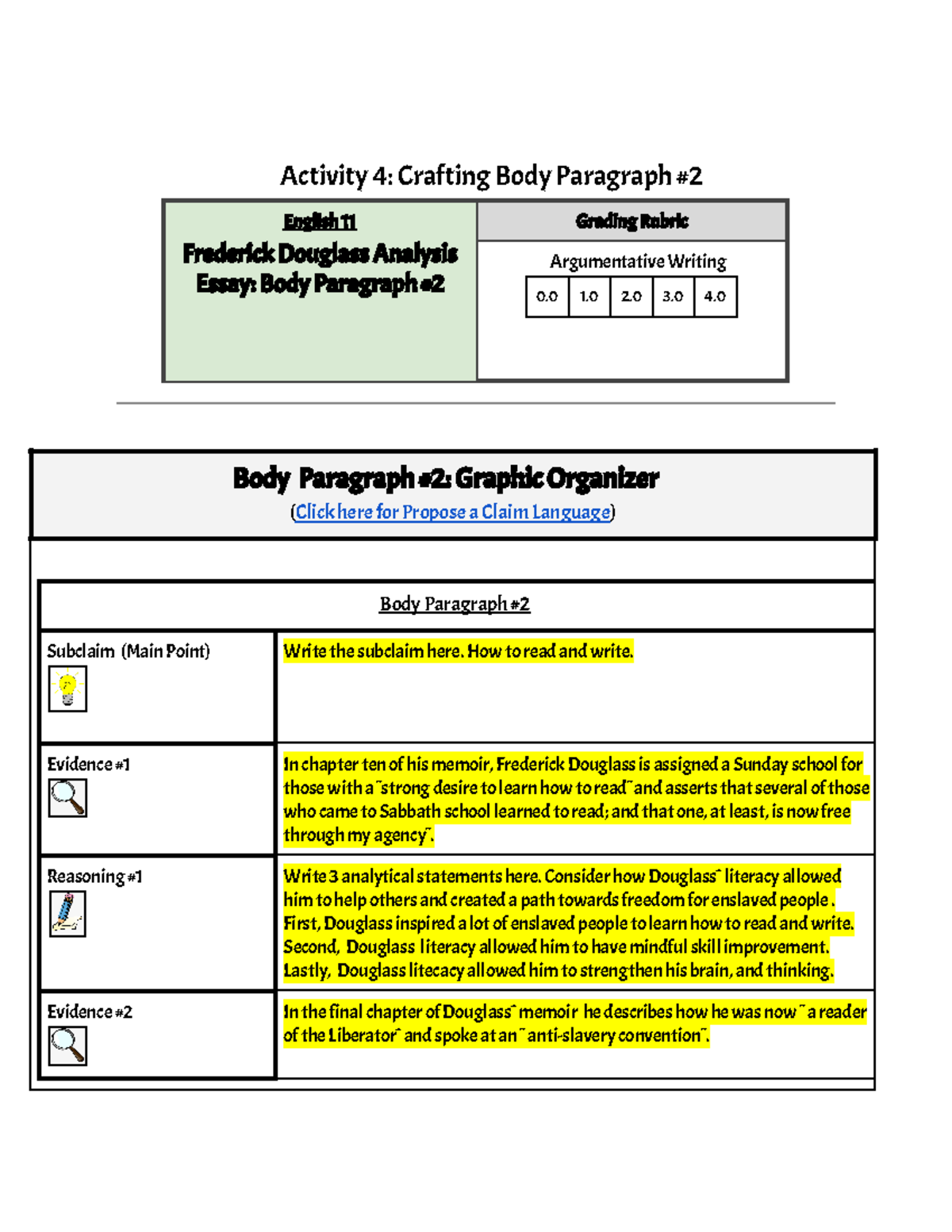 Amro Frederick Douglass Essay Body Paragraph #2 Graphic Organizer (Int ...