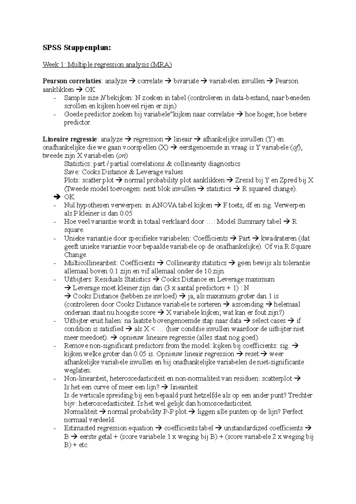 SPSS Stappenplan MVDA - SPSS Stappenplan: Week 1: Multiple regression analysis (MRA) Pearson ...