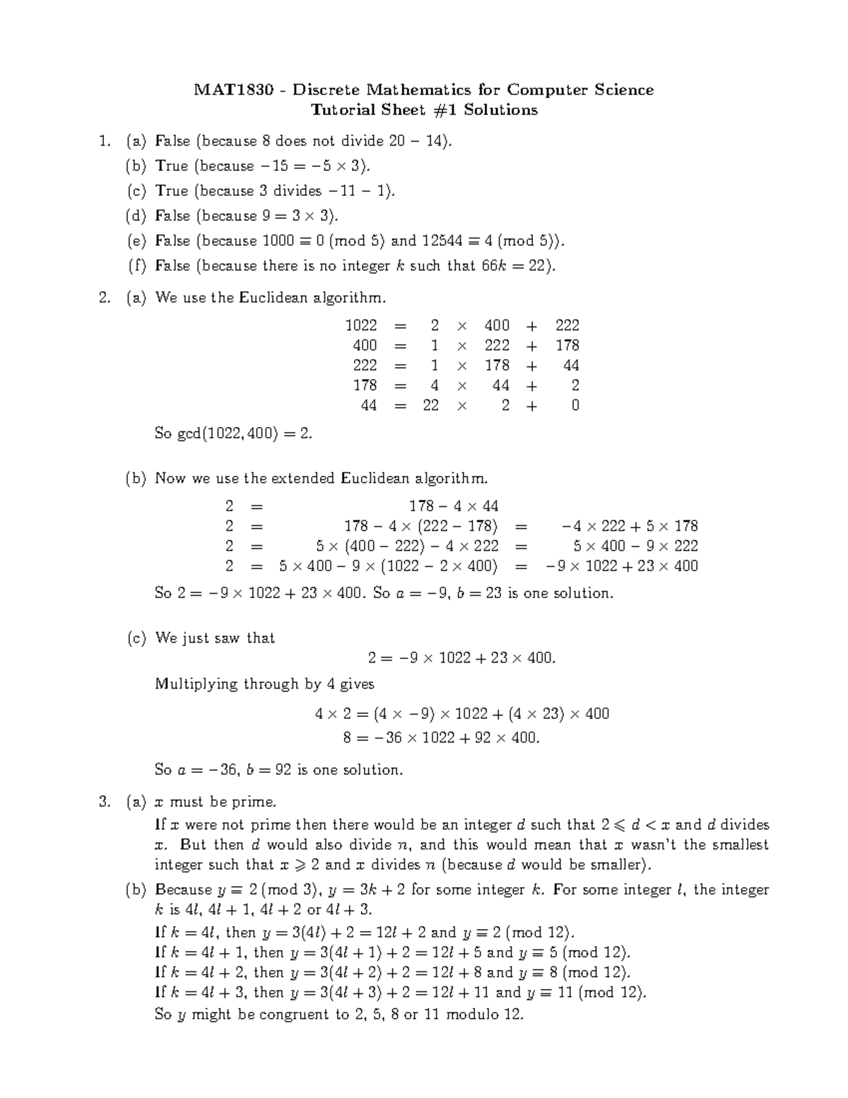 Tute1Solns - MAT1830 - Discrete Mathematics for Computer Science Tutorial Sheet #1 Solutions (a ...