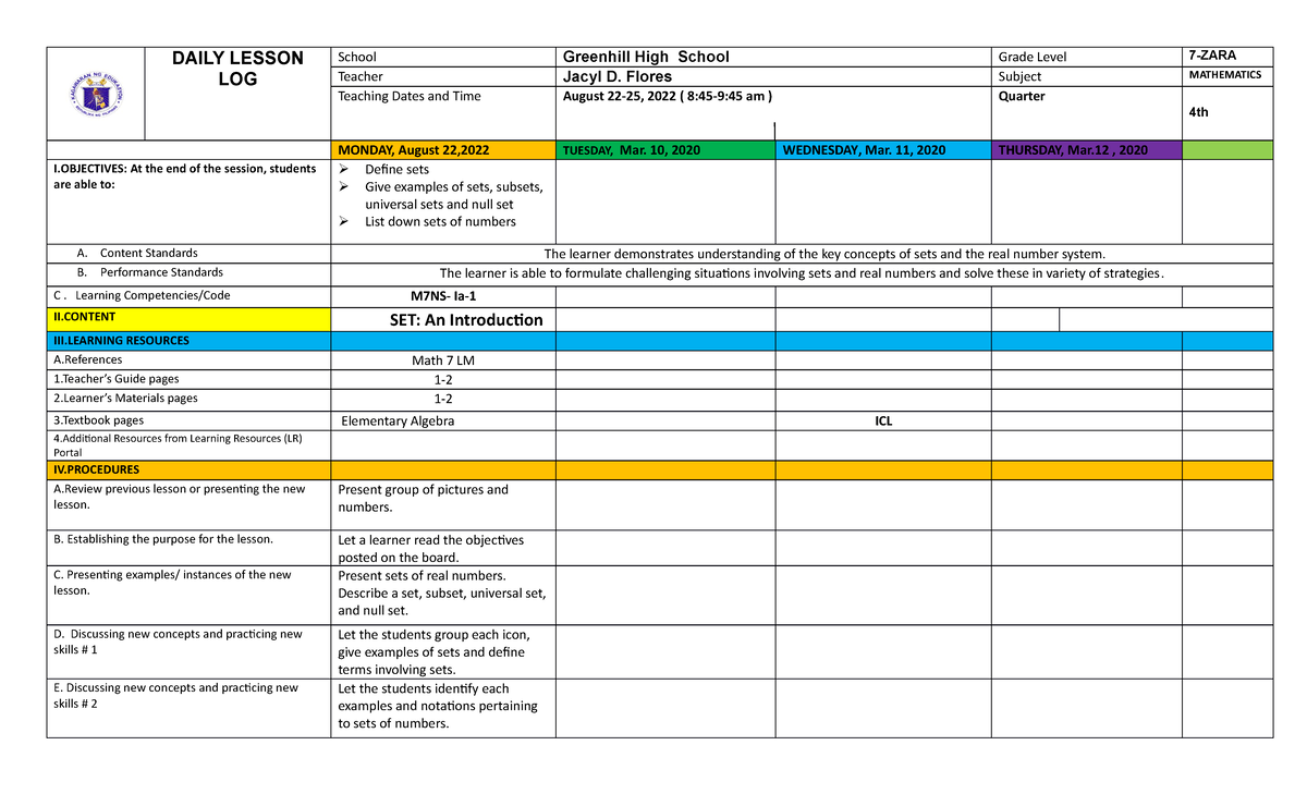 Math new DLL2019 - NONE AGIAN AND NOTHING - DAILY LESSON LOG School ...