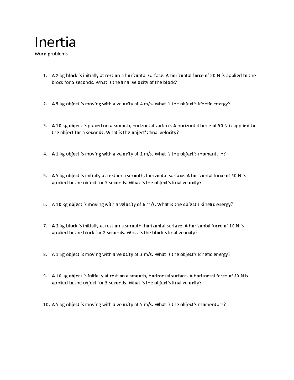 Inertia - self-made worksheet for fluid mechanics - Inertia Word ...