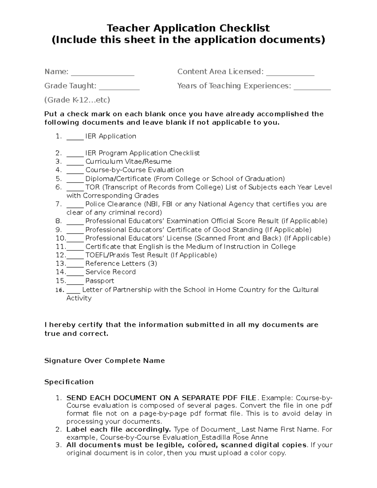 2022 Checklist - Application procedure - Teacher Application Checklist ...