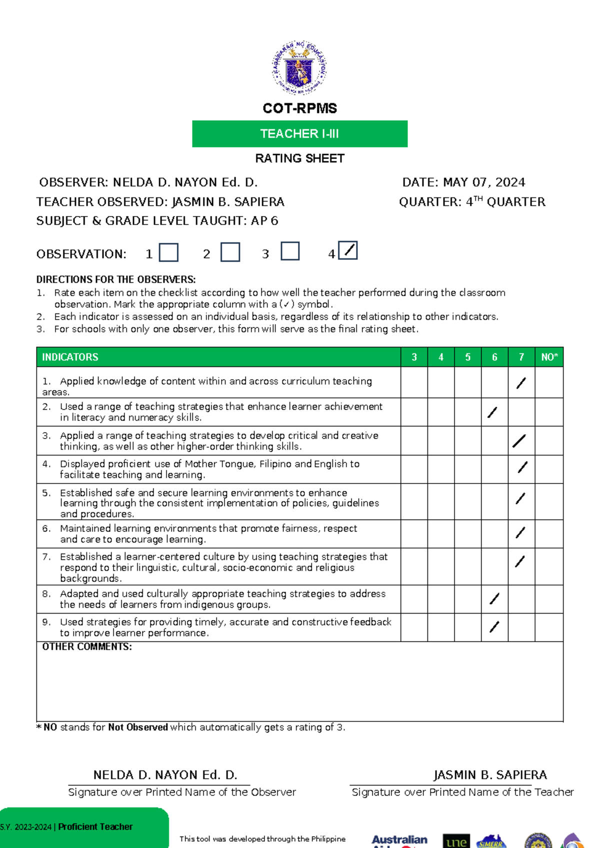 4TH Quarteer Sapiera Jasmin COT- Observation- Notes - TEACHER I-III COT ...
