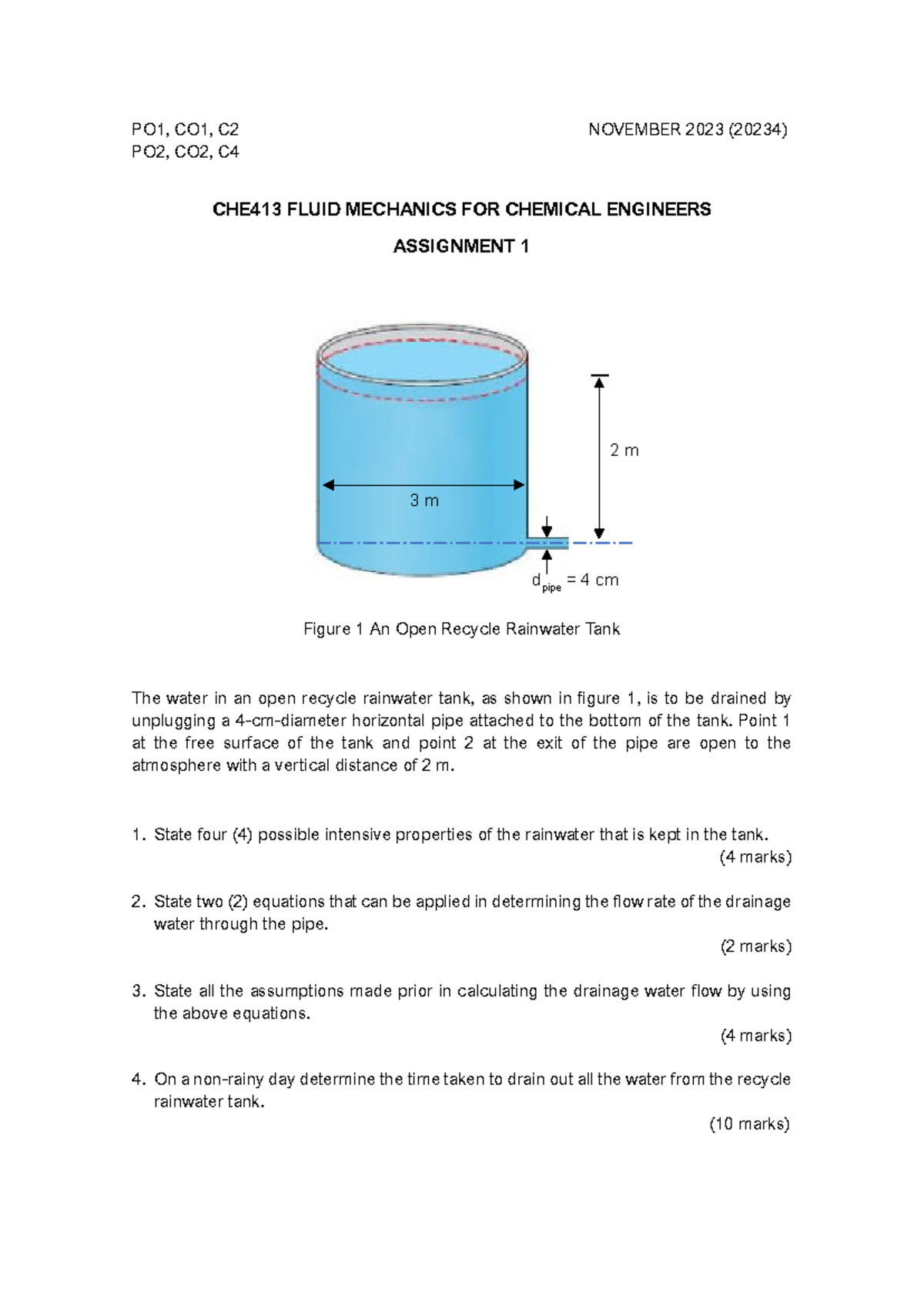 Nov 2023 CHE413 Assignment 1 - PO1, CO1, C2 NOVEMBER 2023 (20234) PO2 ...