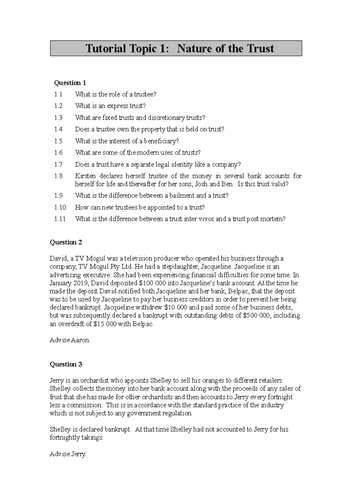 Trusts - 2020 - Tutorial 1 (Nature of a Trust) - Tutorial Topic 1 ...