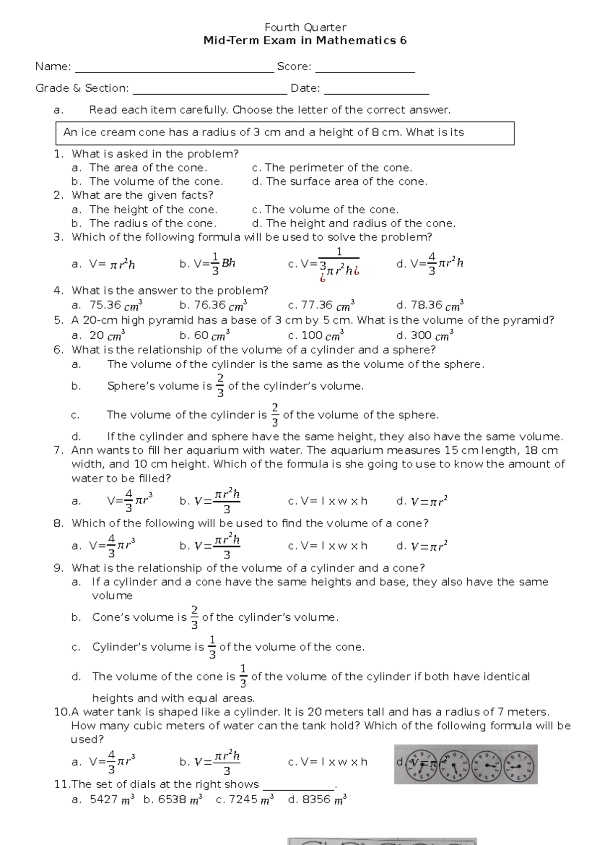 MATH MID-TERM 4Q - Fourth Quarter Mid-Term Exam in Mathematics 6 Name ...