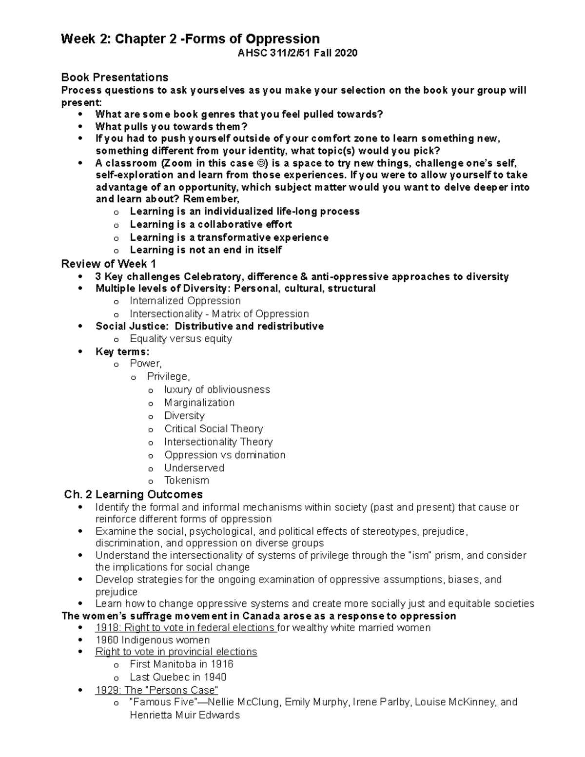 Lecture notes Week 2 - Chapter 2 -Forms of Oppression - Week 2: Chapter ...