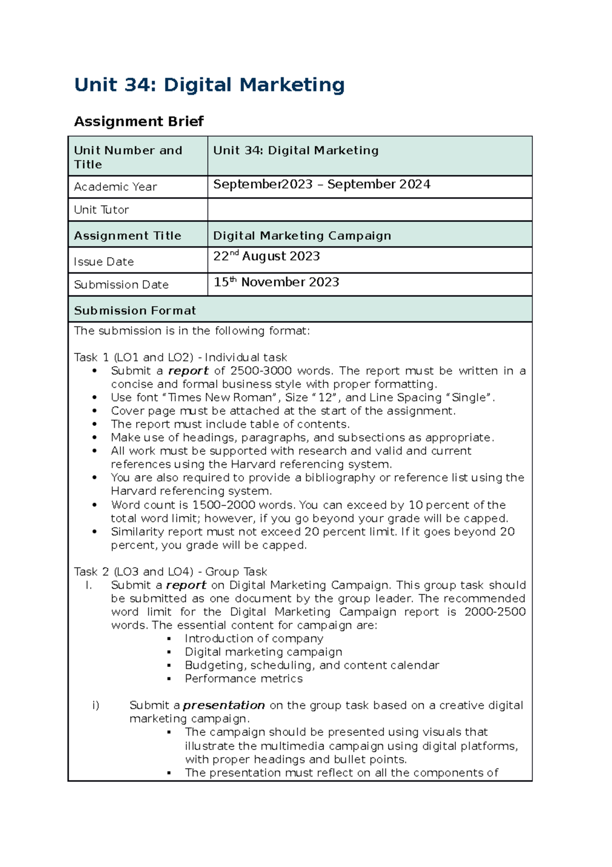 34-DM Assignment Brief Sep2023 - Unit 34: Digital Marketing Assignment ...