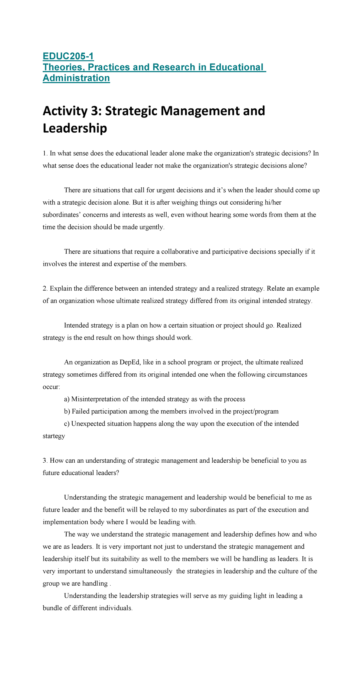 Strategic Management AND Leadership - EDUC205- Theories, Practices and ...