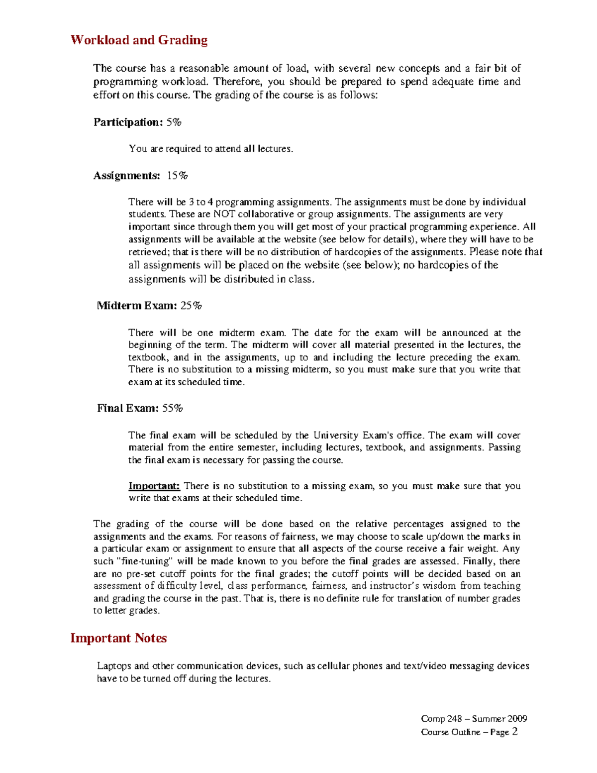 Comp248 09s Outline Comp 248 Summer 2009 Course Outline Page 2 Workload And Grading The