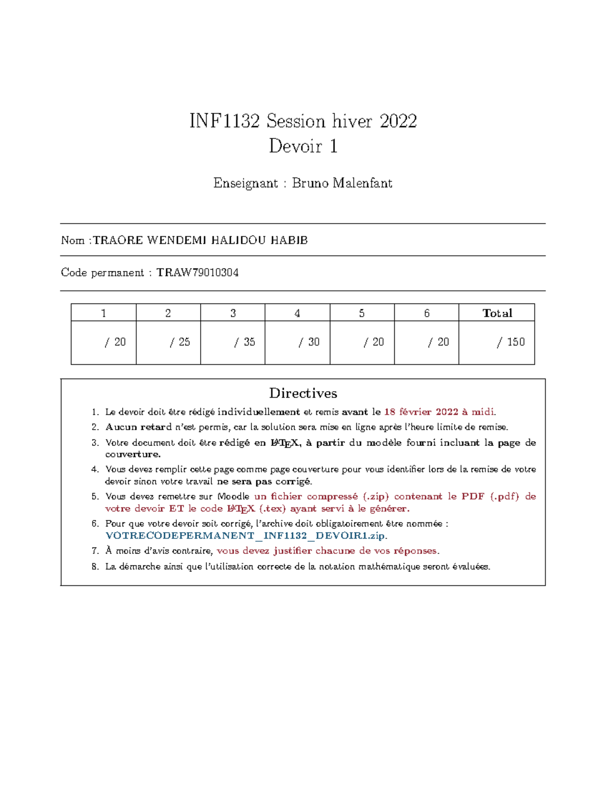 Tp1-6 - devoir de maison - INF1132 Session hiver 2022 Devoir 1 Enseignant : Bruno Malenfant Nom ...