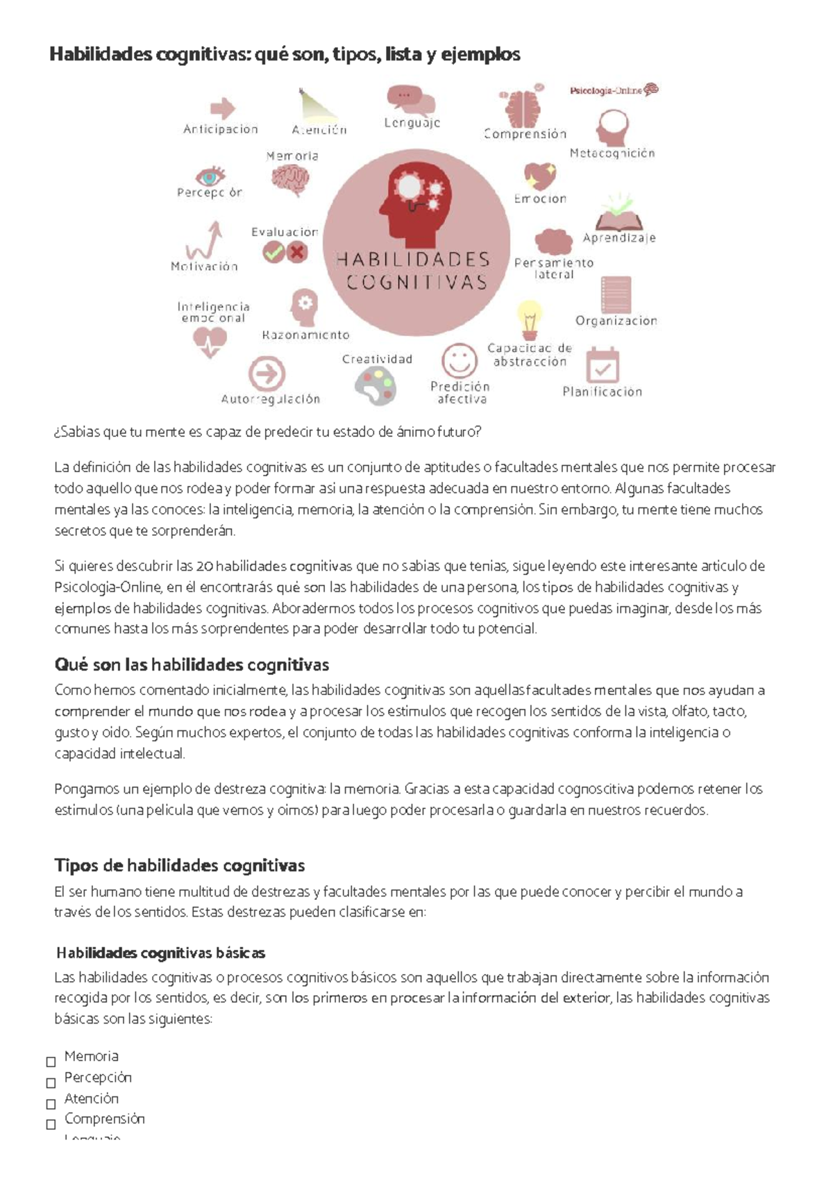 Habilidades cognitivas qué son, tipos, lista y ejemplos - psicologia-online - Habilidades - Studocu