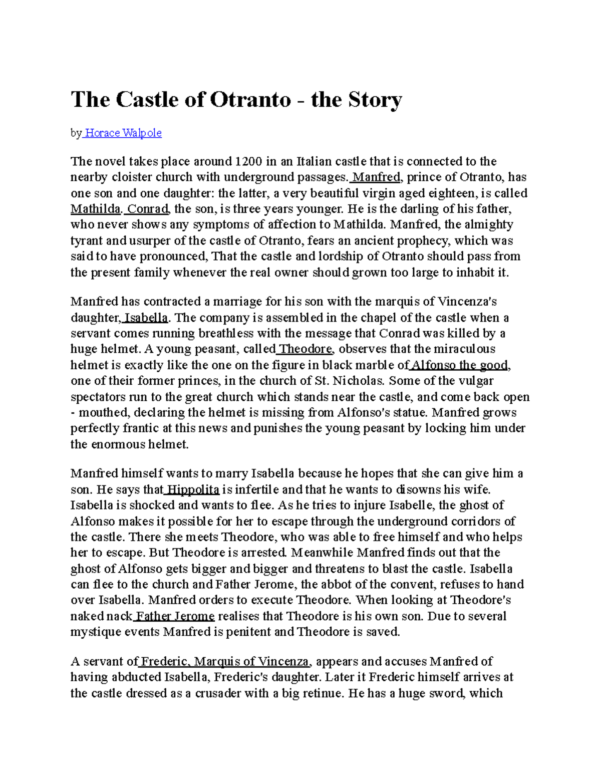 The Castle of Otranto - Literature cliff-type notes - The Castle of ...