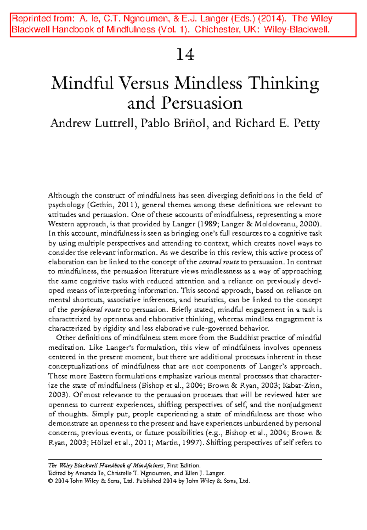 2014 Mindfulness Handbook Luttrell Brinol Petty - 14 Mindful Versus ...