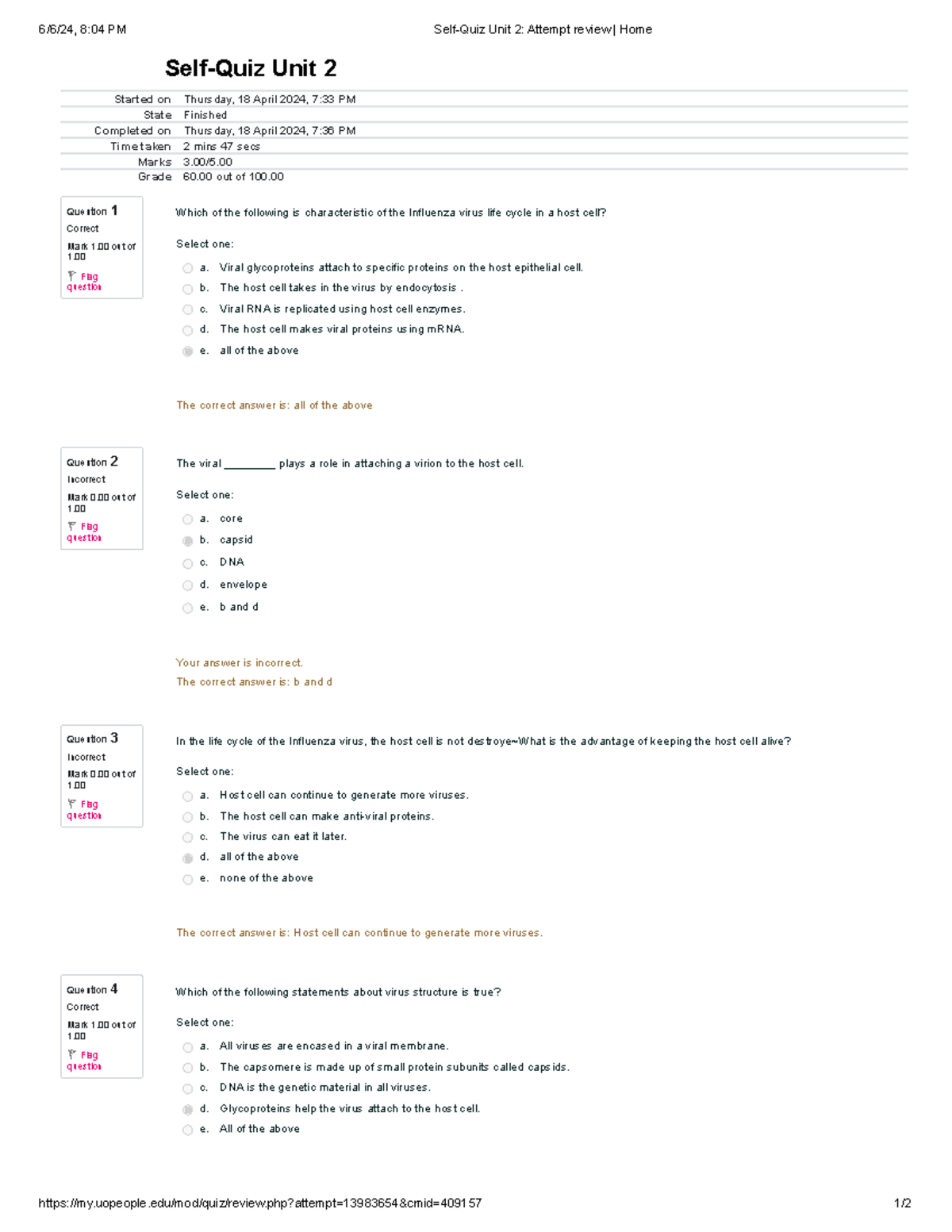 BIOL 1122 2 Self-Quiz Unit 2 Attempt 1 - Question 1 Correct Mark 1 out of 1. Flag question ...