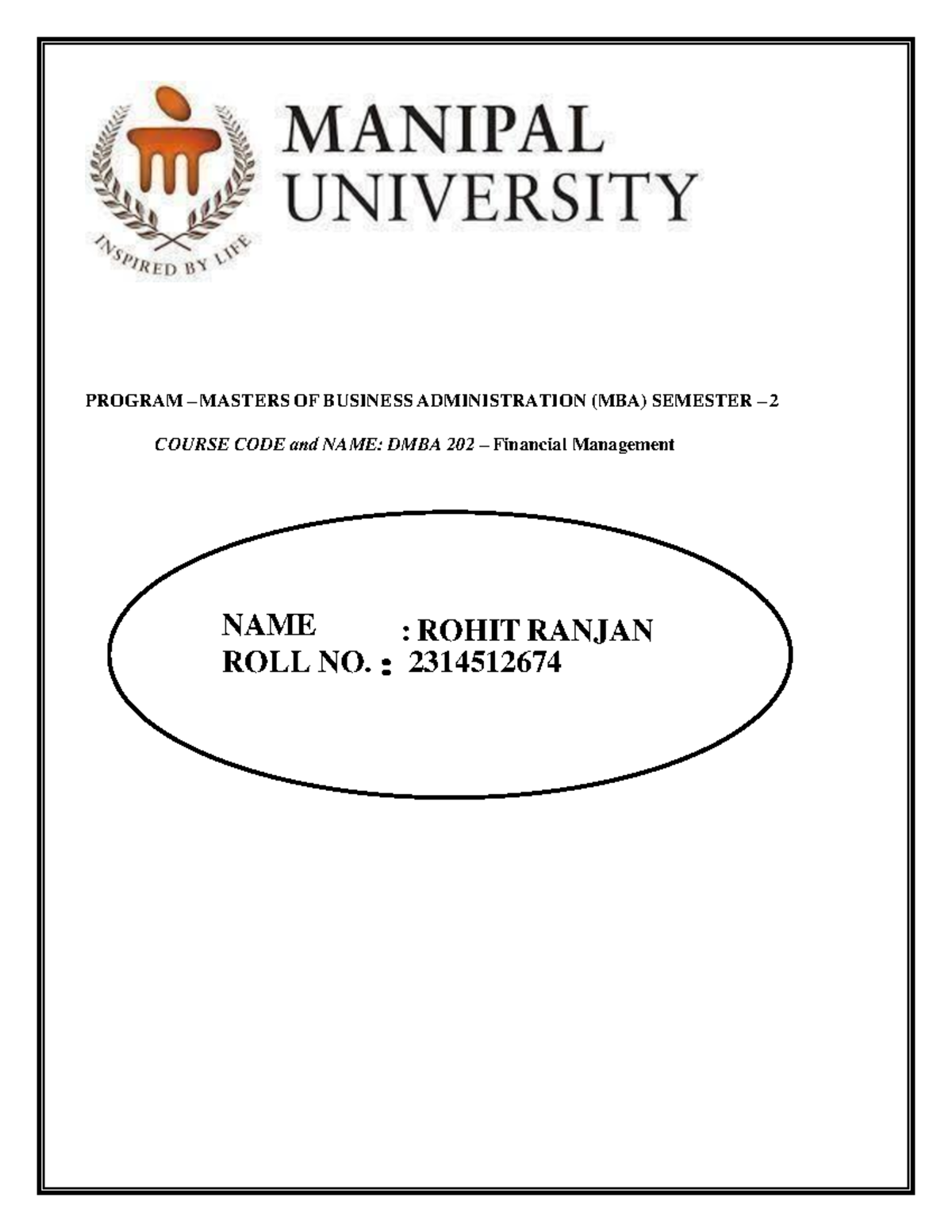 DMBA 202 – Financial Management - PROGRAM – MASTERS OF BUSINESS ADMINISTRATION (MBA) SEMESTER ...