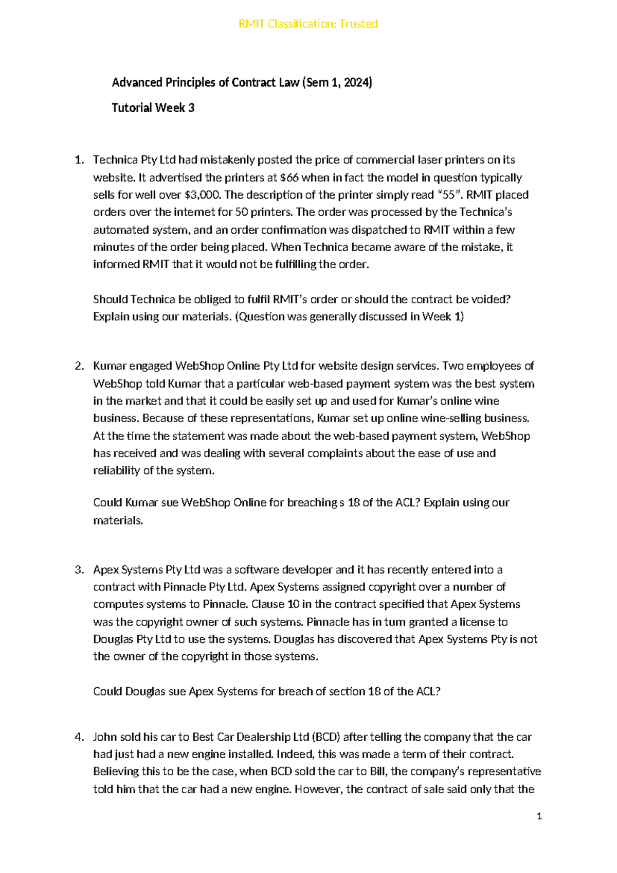 ADVP Contract Law Tutorial Week 3 -1 - RMIT Classification: Trusted ...