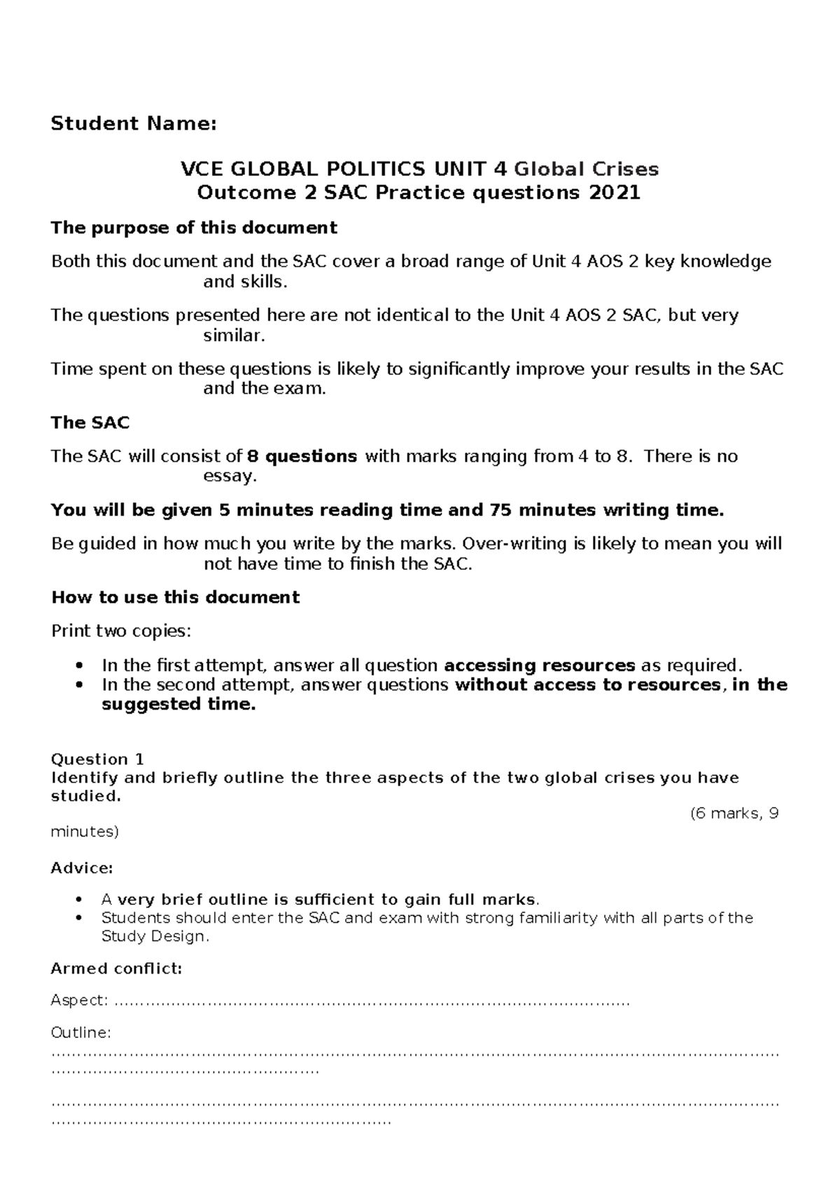Unit 4 Outcome 2 Practice SAC (1) - Student Name: VCE GLOBAL POLITICS ...