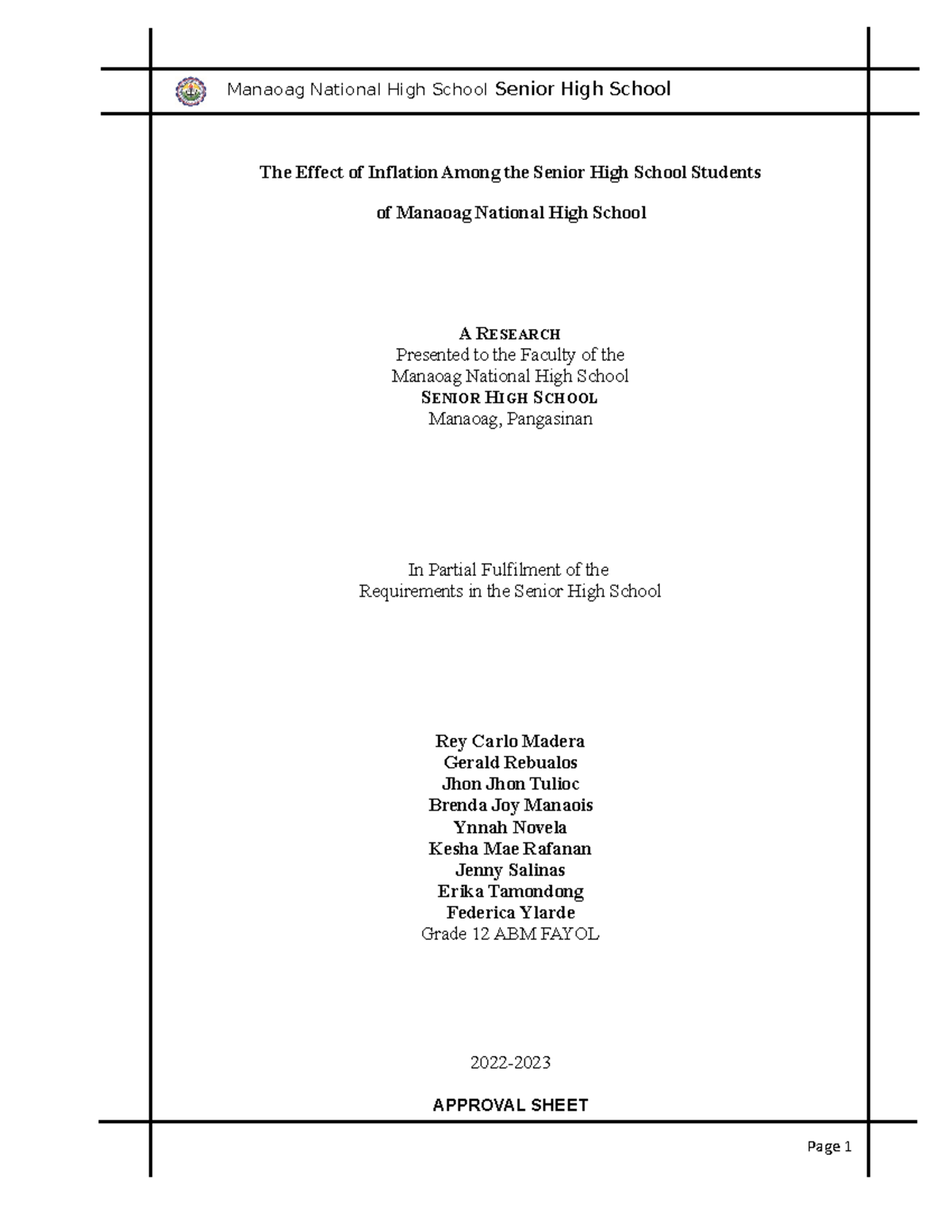 Researc Template Front Page size 8 - The Effect of Inflation Among the ...