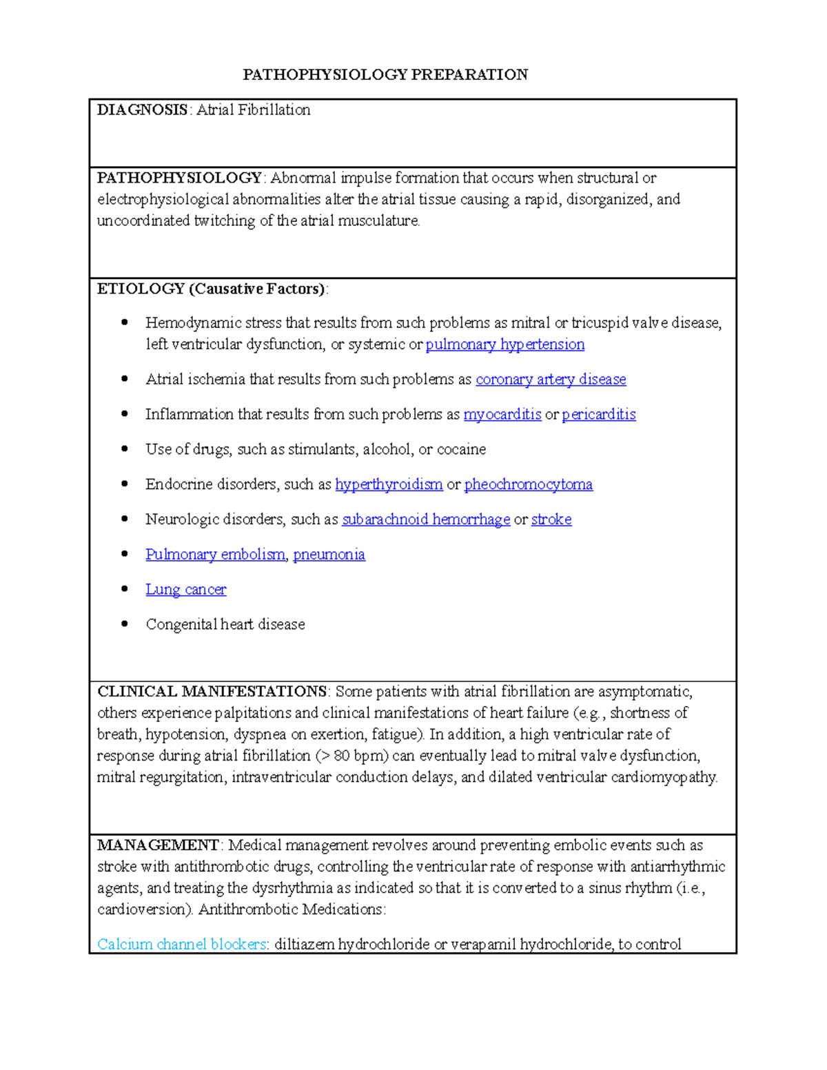Patho Sheet- A Fib - PATHOPHYSIOLOGY PREPARATION DIAGNOSIS: Atrial ...
