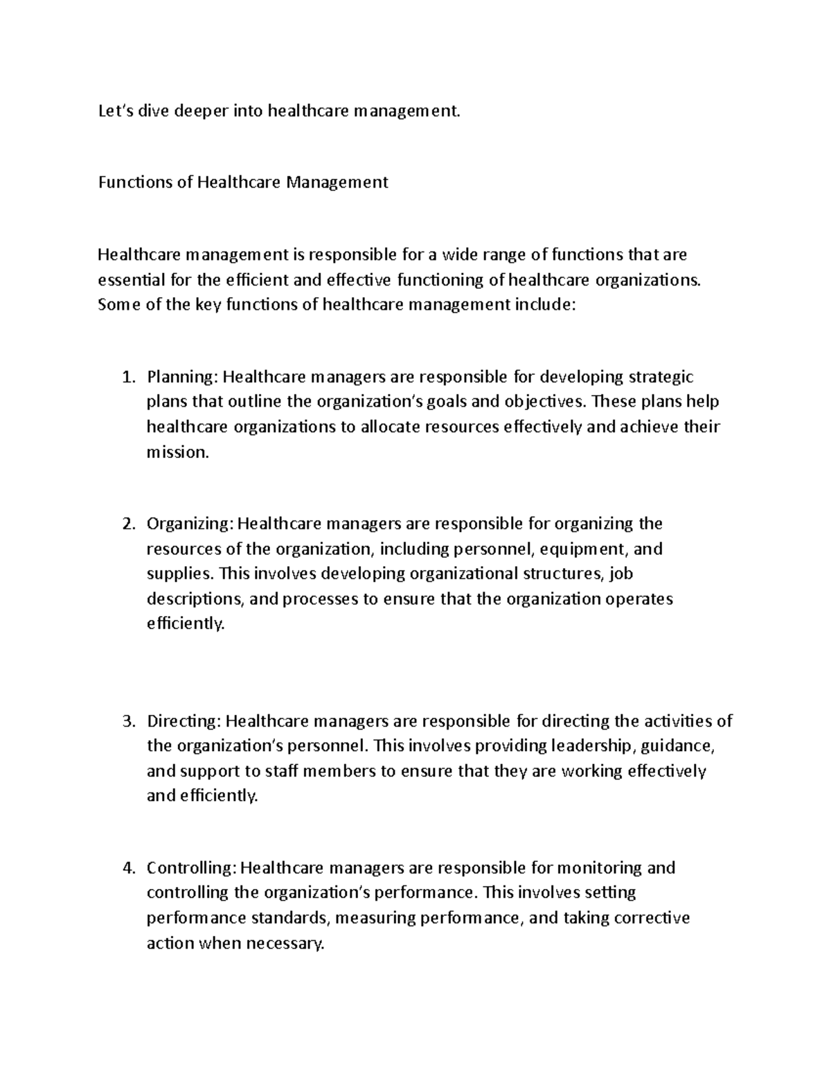 Healthcare Management 2 - Let’s dive deeper into healthcare management ...