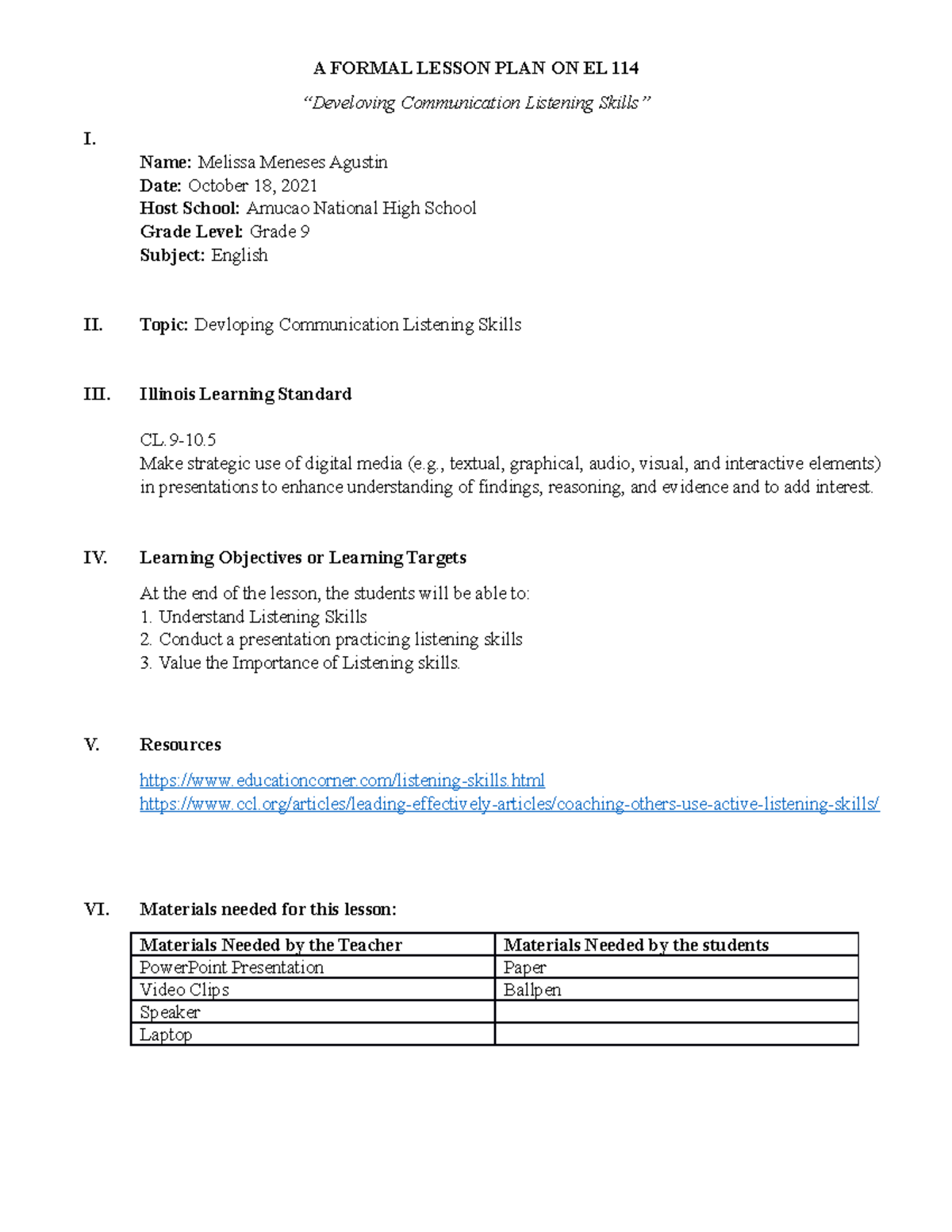 Agustin, Melissa M. Formal Lesson Plan - A FORMAL LESSON PLAN ON EL 114 ...