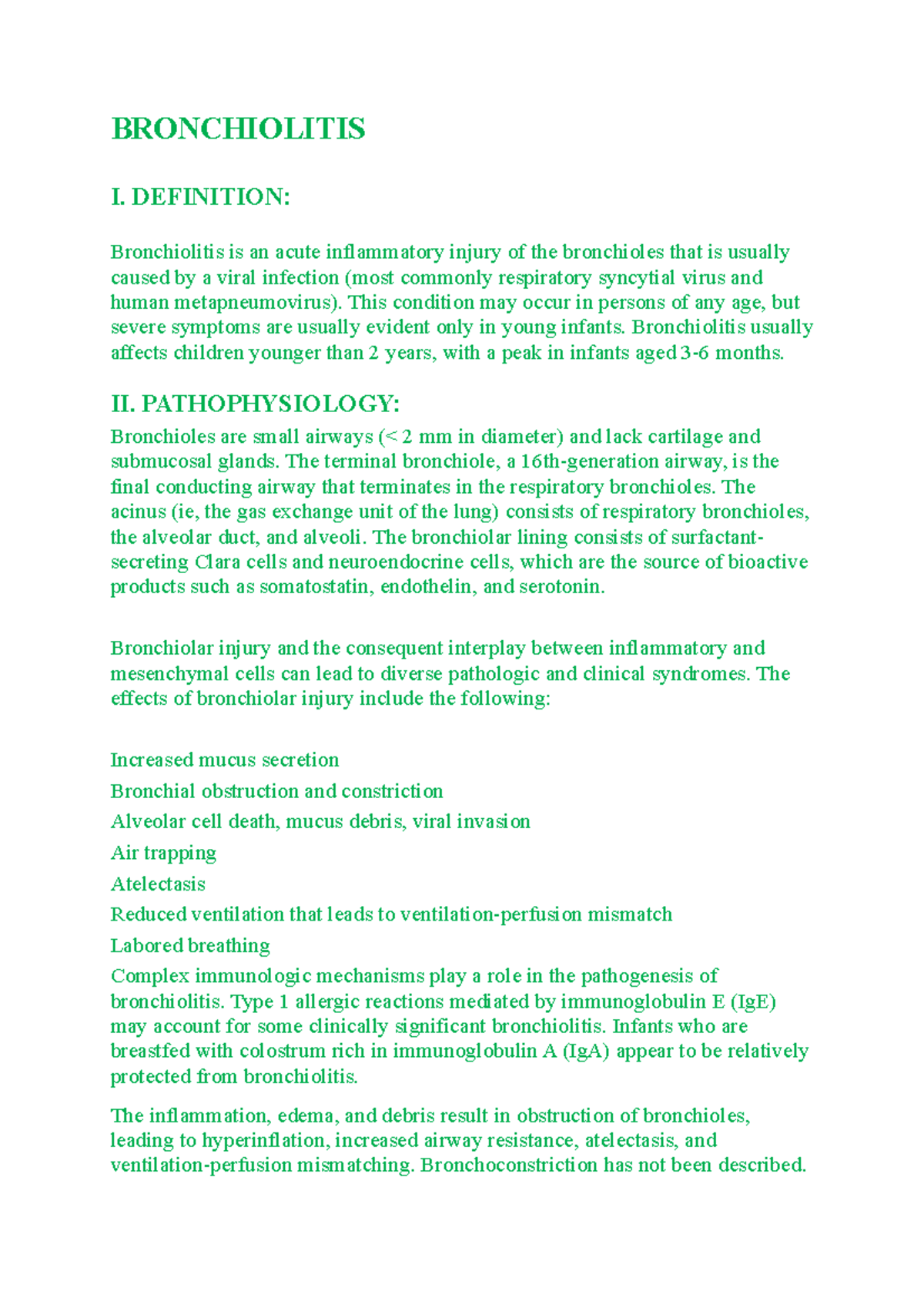 Bronchiolitis - BRONCHIOLITIS I. DEFINITION: Bronchiolitis is an acute ...