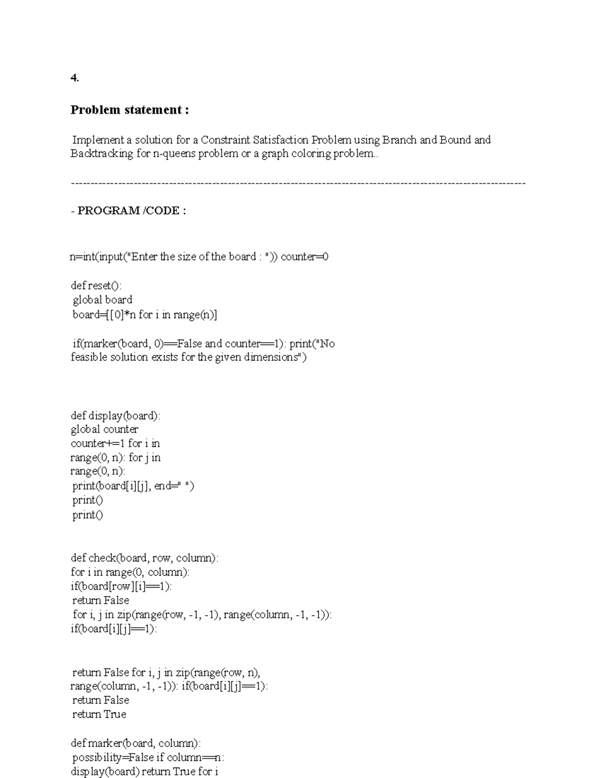 A4 - done - 4. Problem statement : Implement a solution for a Constraint Satisfaction Problem ...