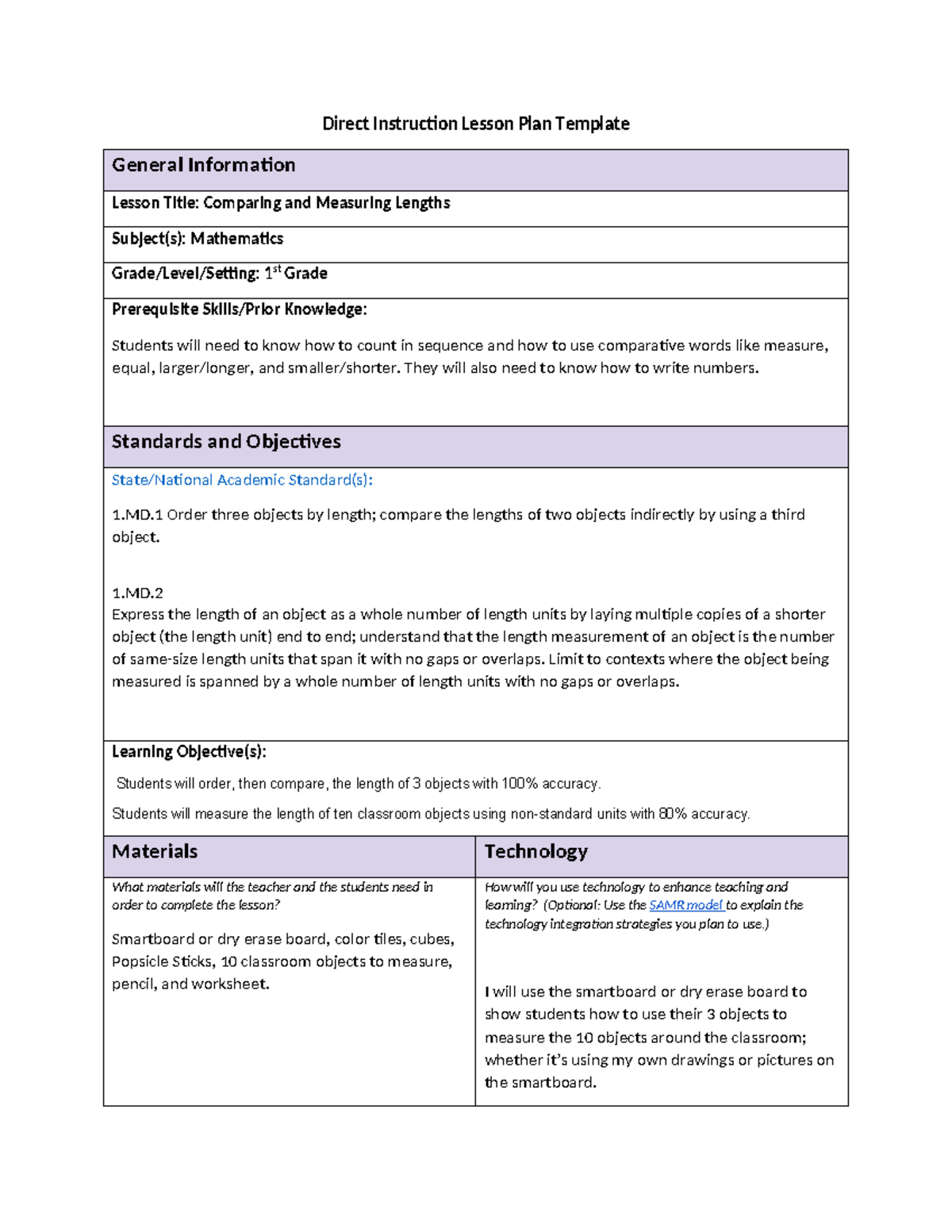 Lesson Plan C381 - Direct Instruction Lesson Plan Template General ...