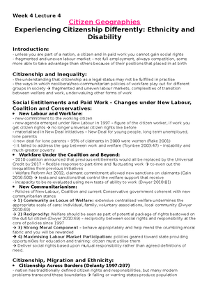 Week 4 Lecture 4 citizenship and difference reading notes - Week 4 ...