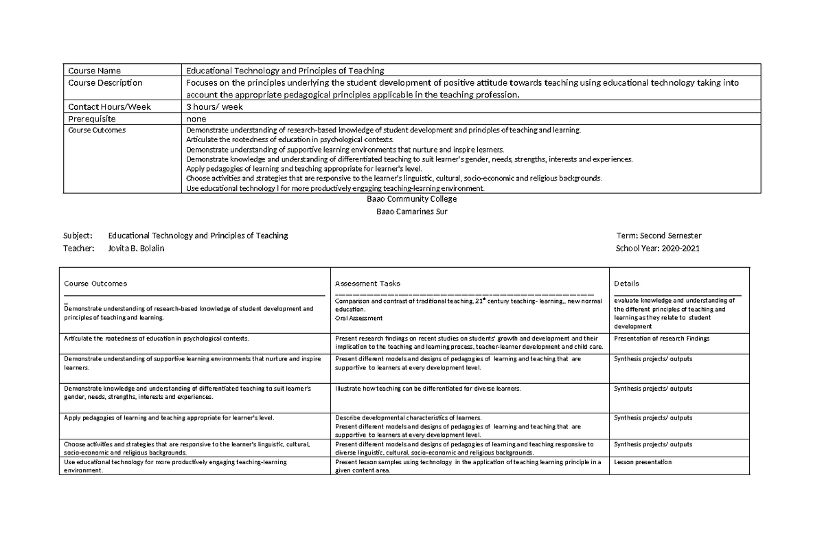 Principles of teaching - Course Name Educational Technology and ...