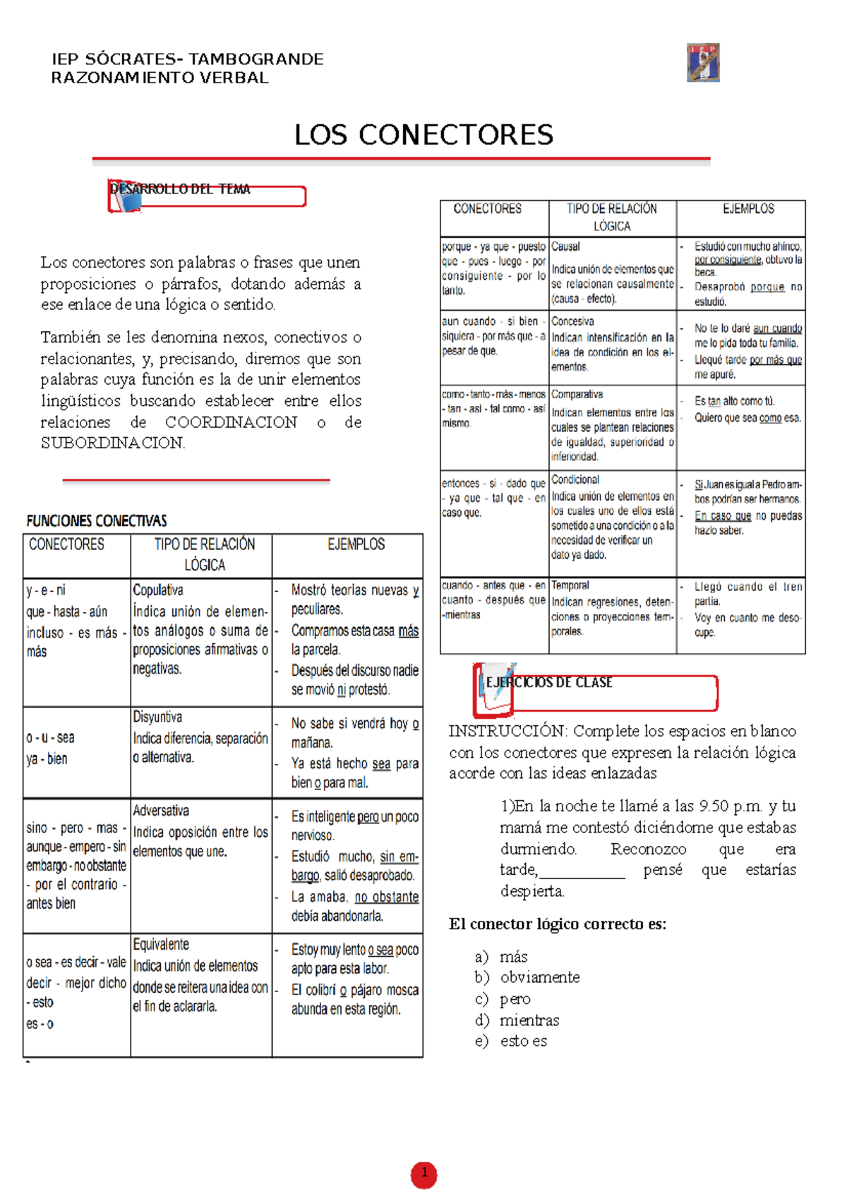 LOS Conectores 3ERO SEC - DESARROLLO DEL TEMA EJERCICIOS DE CLASE ...