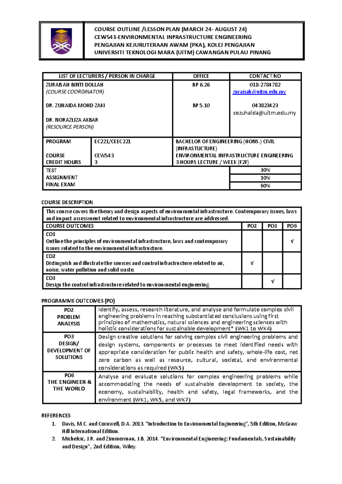 Lesson Plan CEW543 - CEW543-ENVIRONMENTAL INFRASTRUCTURE ENGINEERING ...