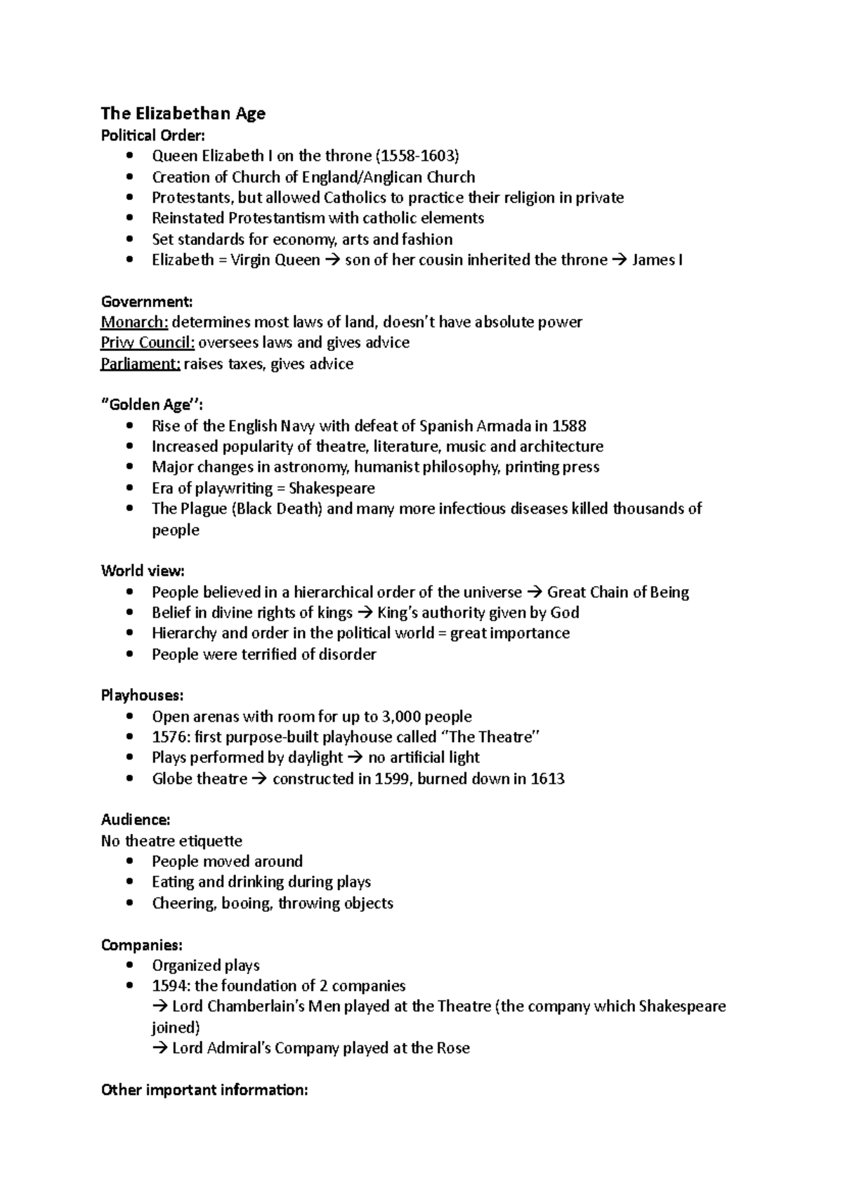 The Elizabethan Age - The Elizabethan Age Political Order: Queen ...
