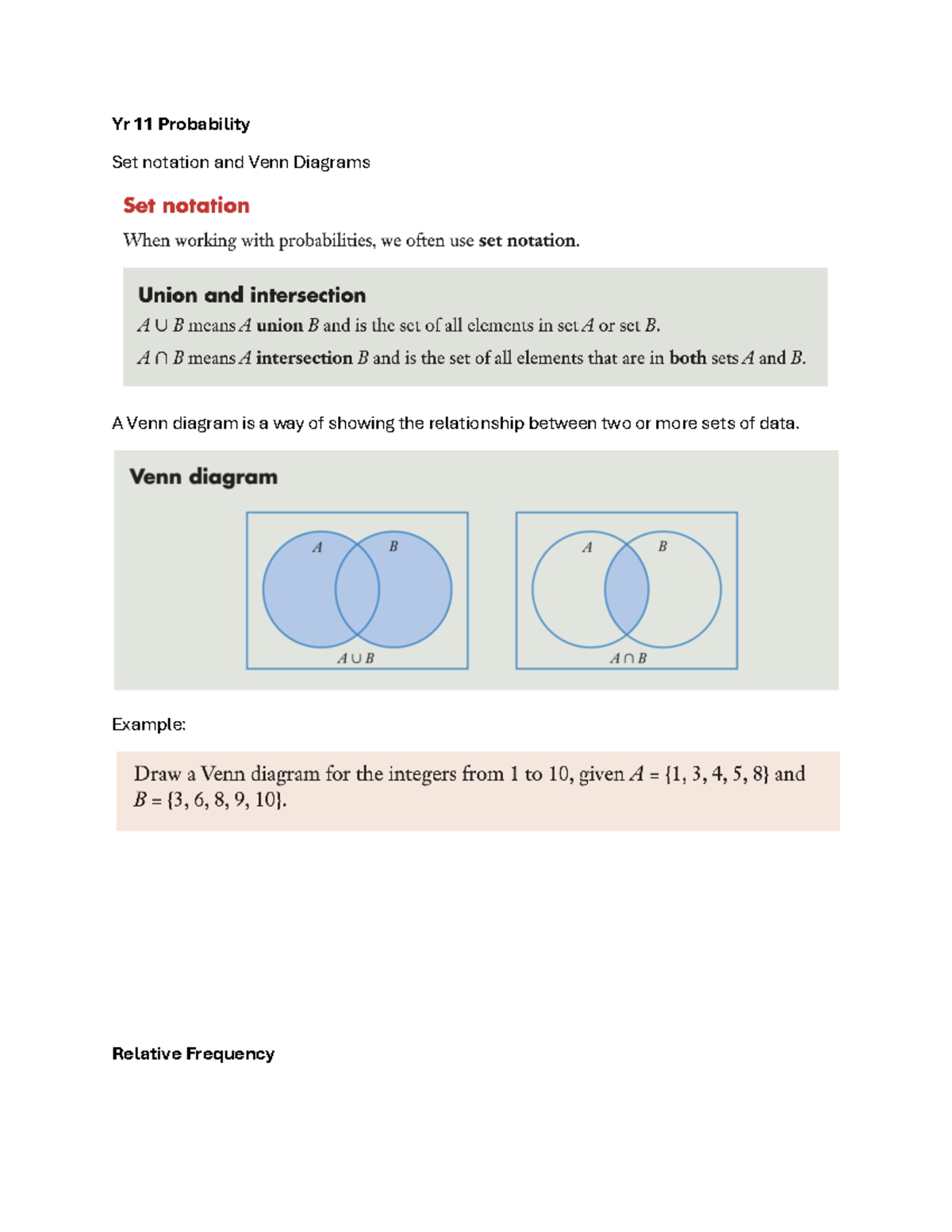 Yr 11 Probability Workbook - Yr 11 Probability Set notation and Venn Diagrams A Venn diagram is ...